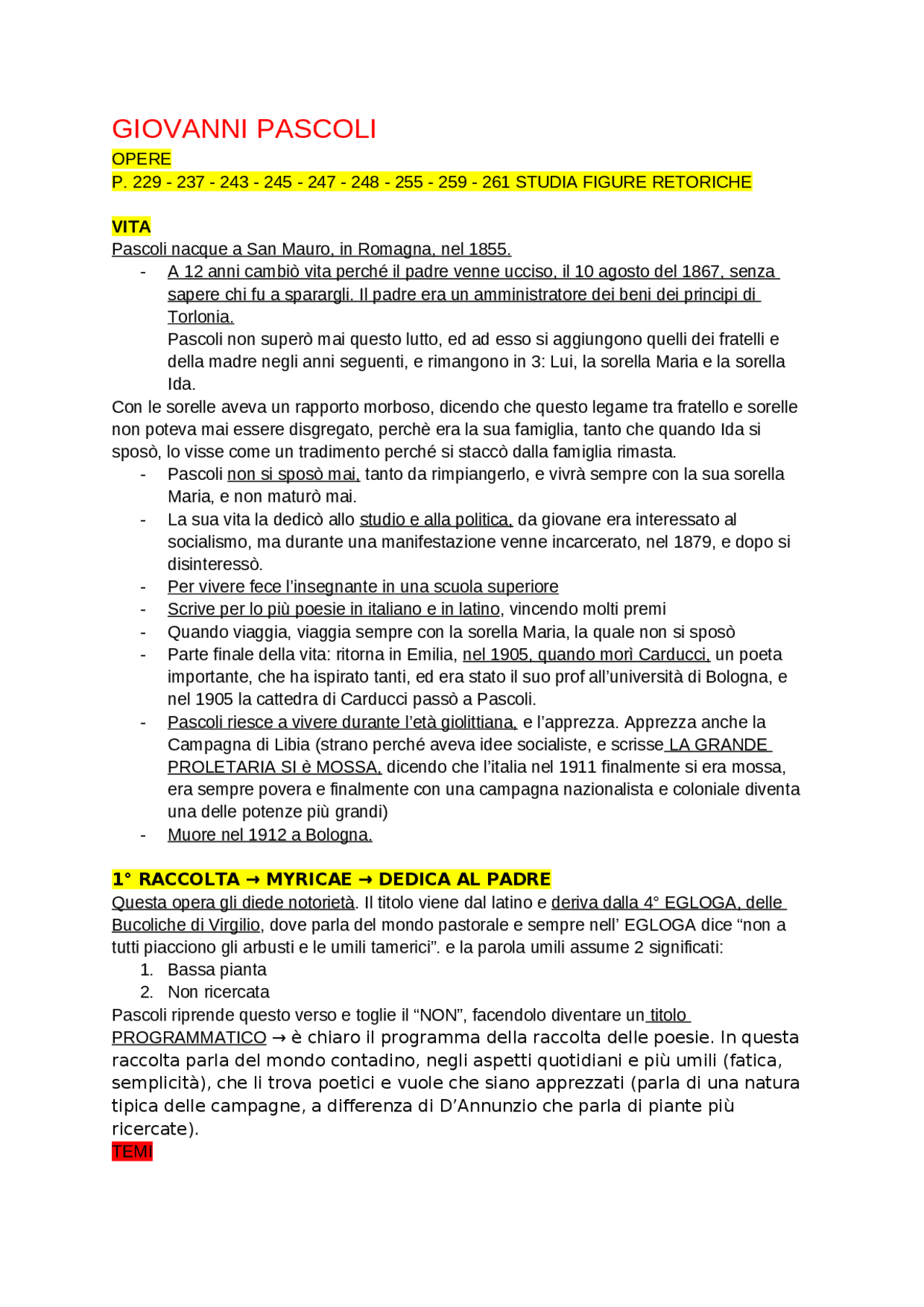 Giovanni Pascoli Vita Tematiche E Testi Docsity