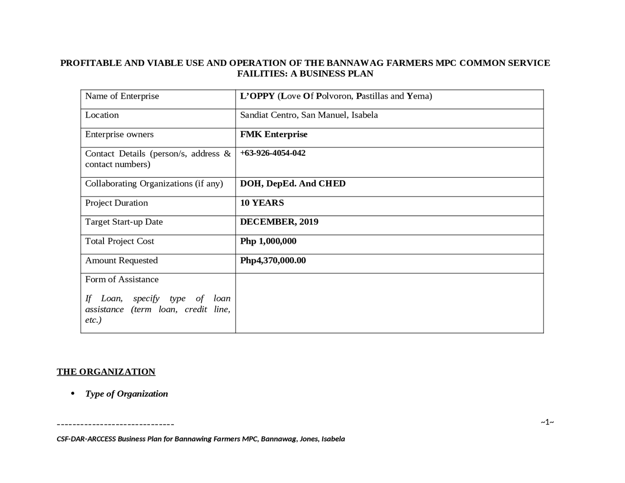 Business proposal for farmers MPCA Common Service Facility - Docsity