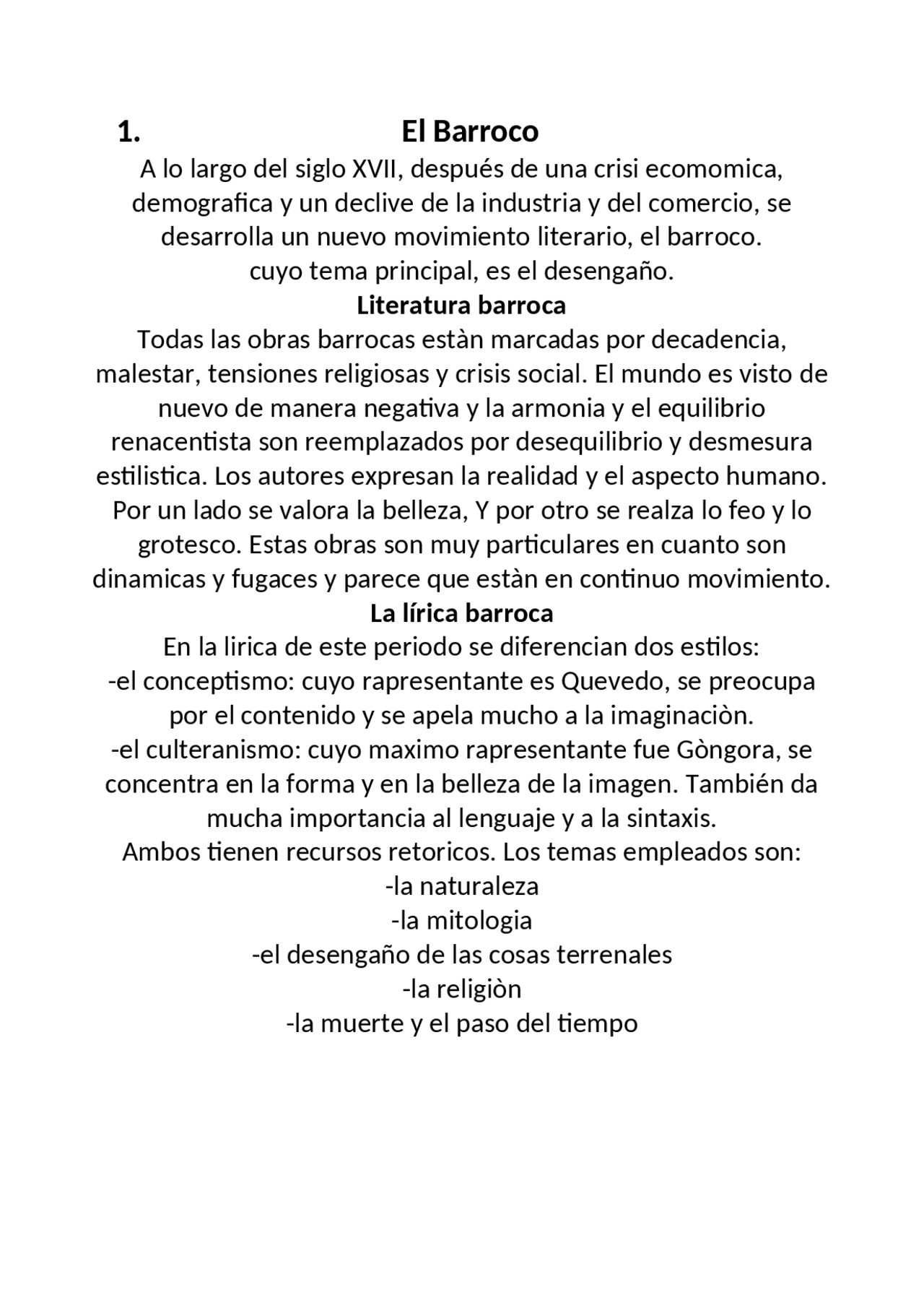 El Barroco Riassunto In Spagnolo Docsity