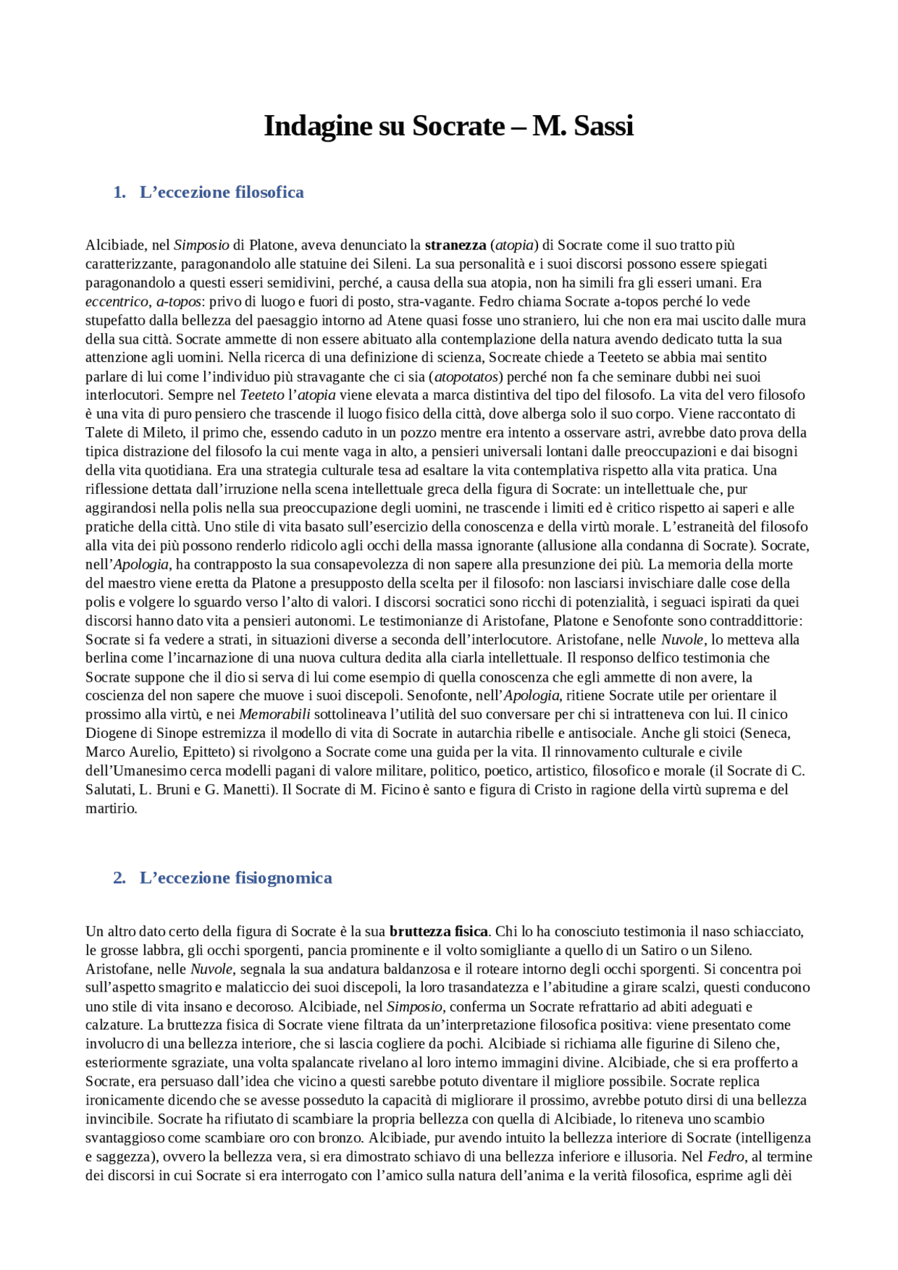 Indagine su Socrate - M. Sassi - Docsity