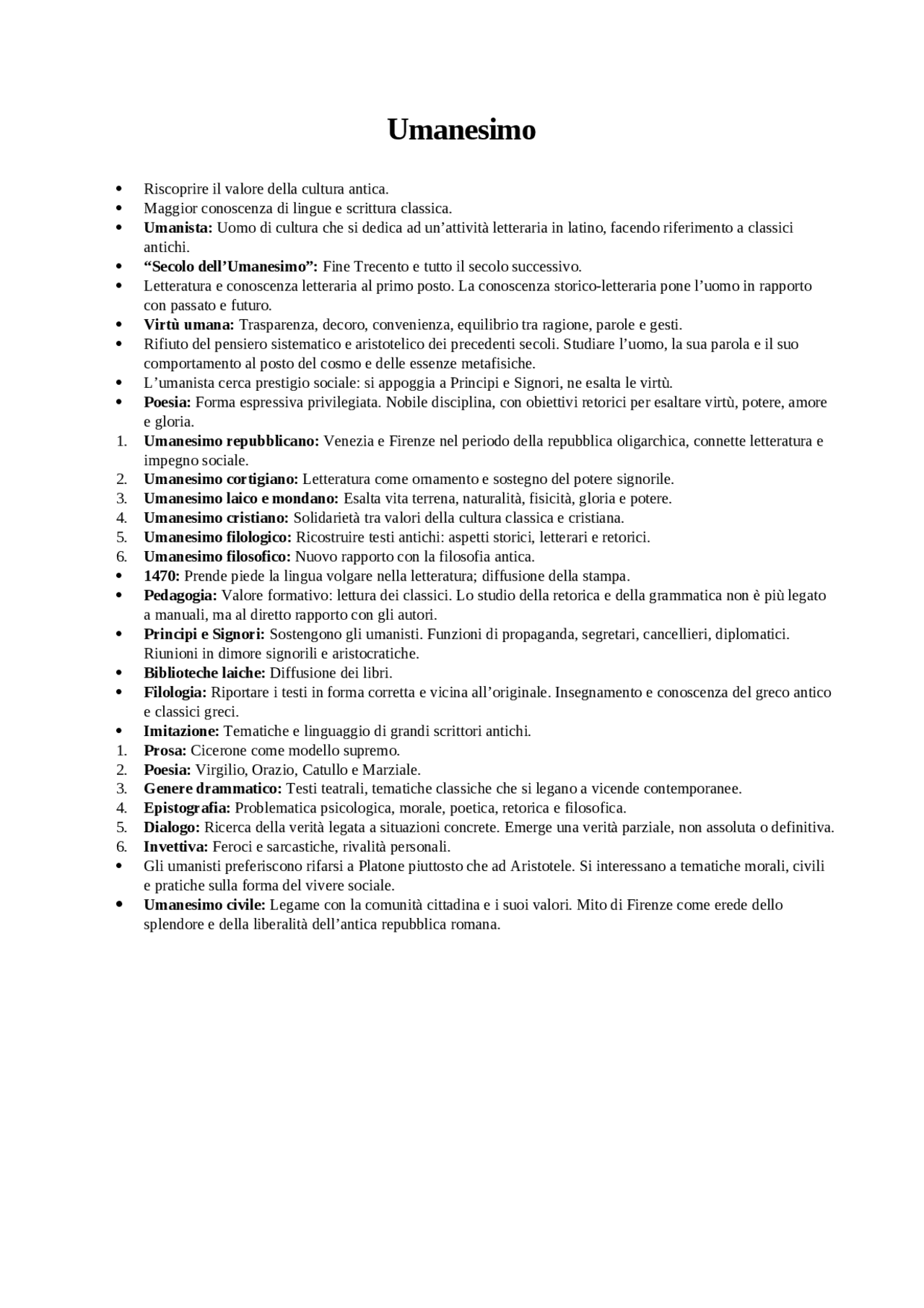 Umanesimo. Schema sintetico | Schémas de Littérature italienne | Docsity