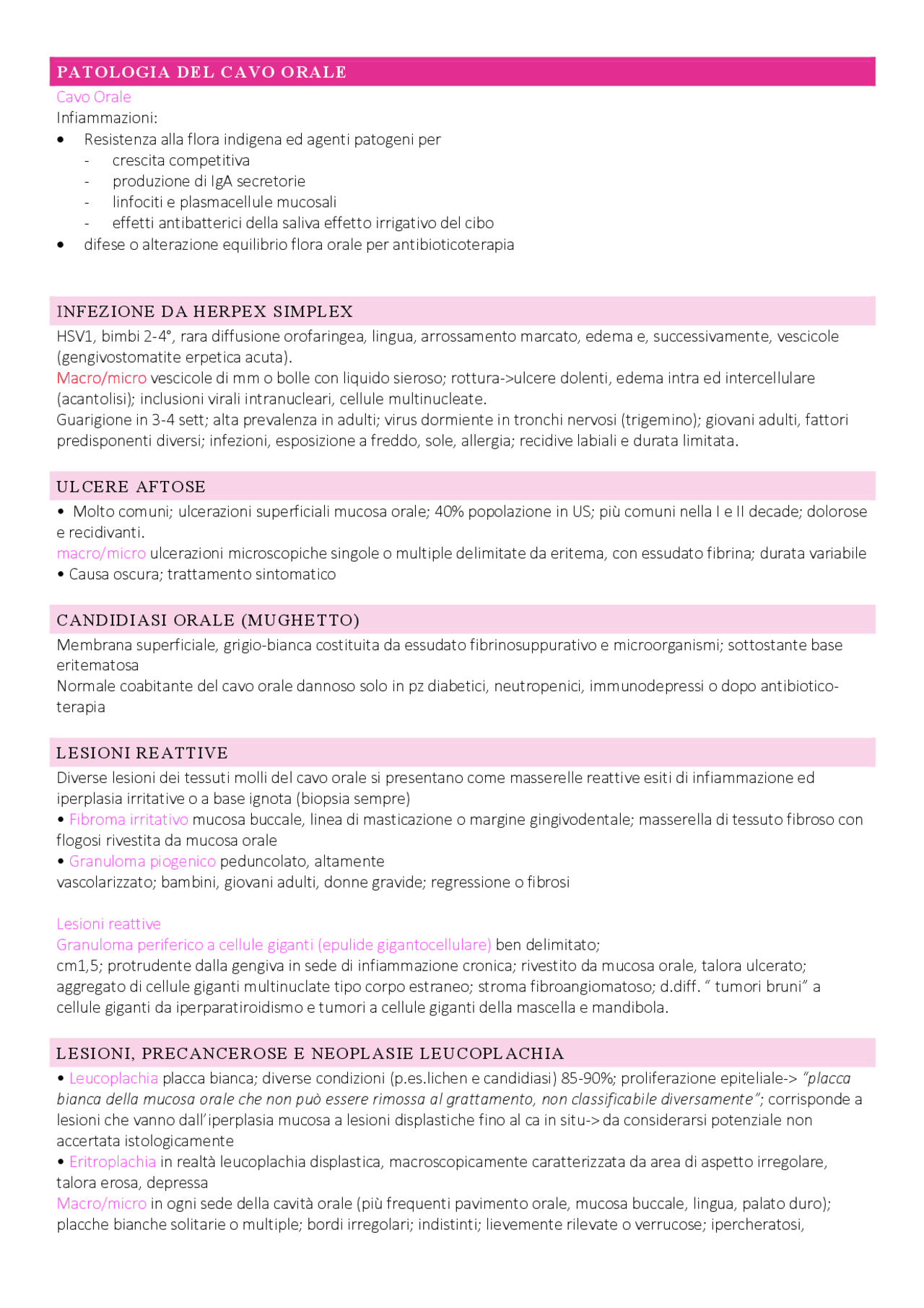 Patologia testa e collo, cavo orale | Dispense di Odontoiatria | Docsity
