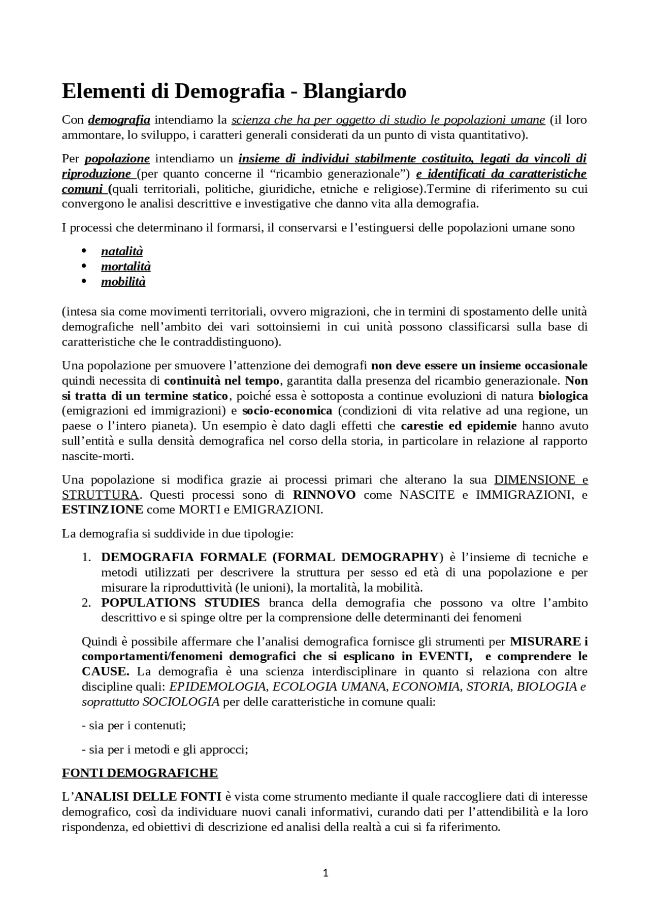 Elementi Di Demografia Di Gian Carlo Blangiardo Docsity