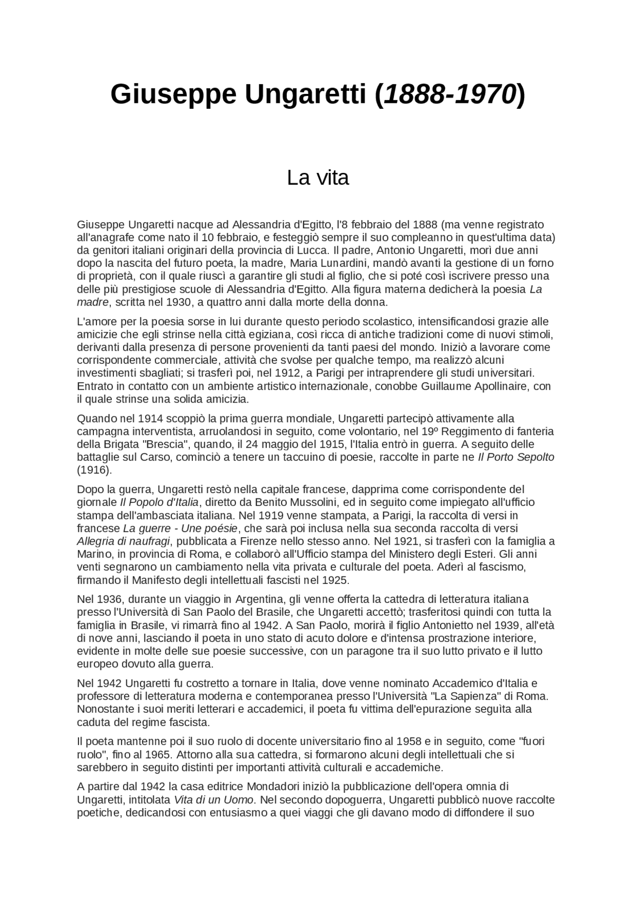 Giuseppe Ungaretti Riassunto Vita E Poetica Docsity
