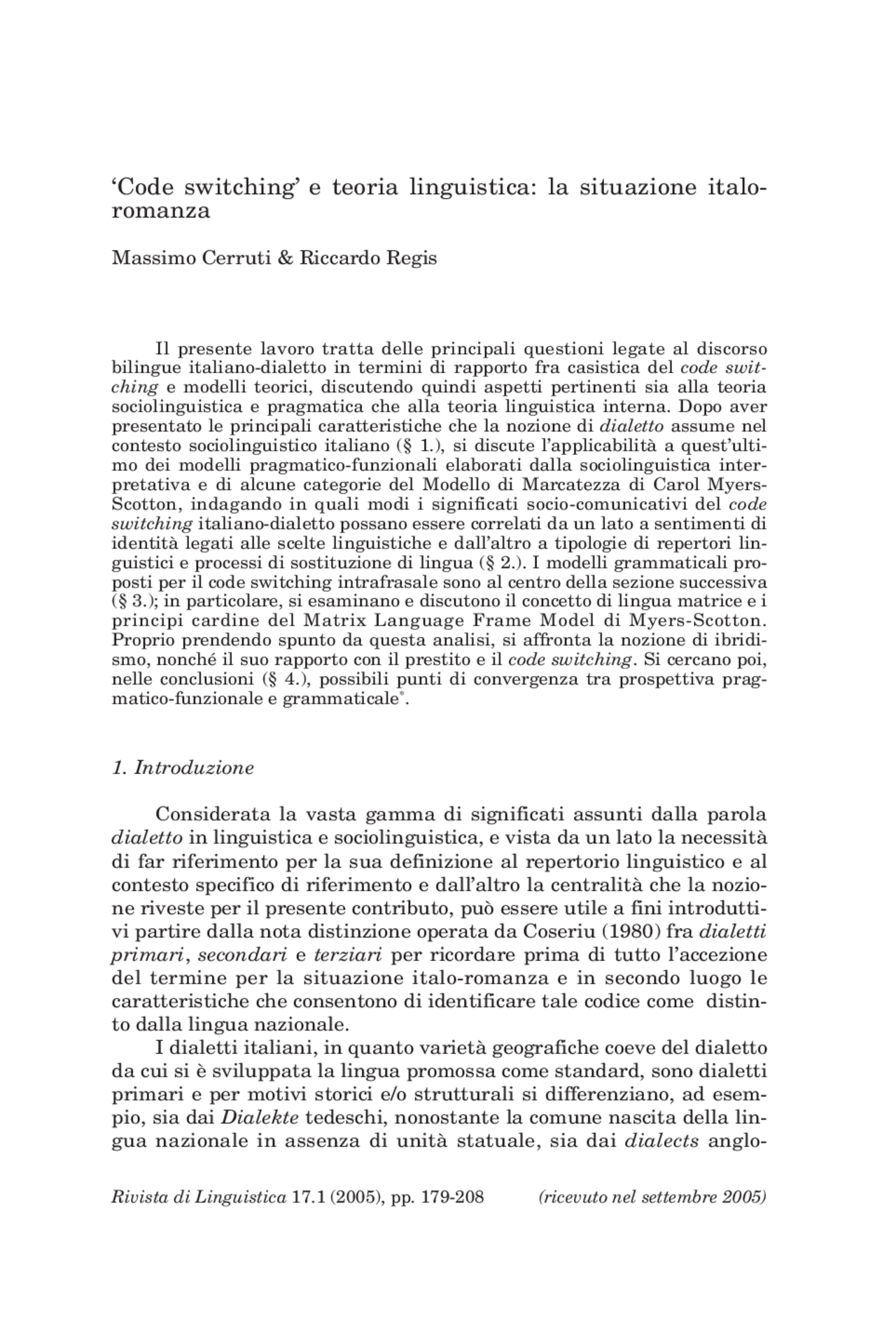 Code Switching E Teoria Linguistica La Situazione Italoromanza Docsity