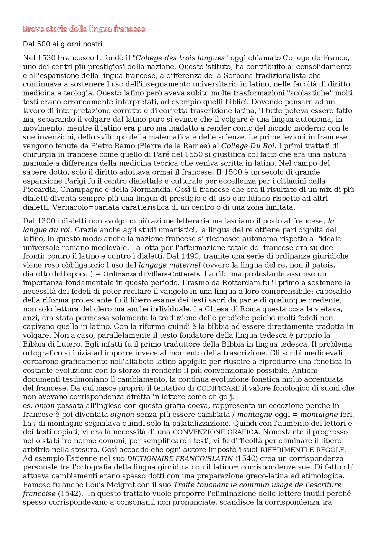 Breve Storia Della Lingua Francese Docsity