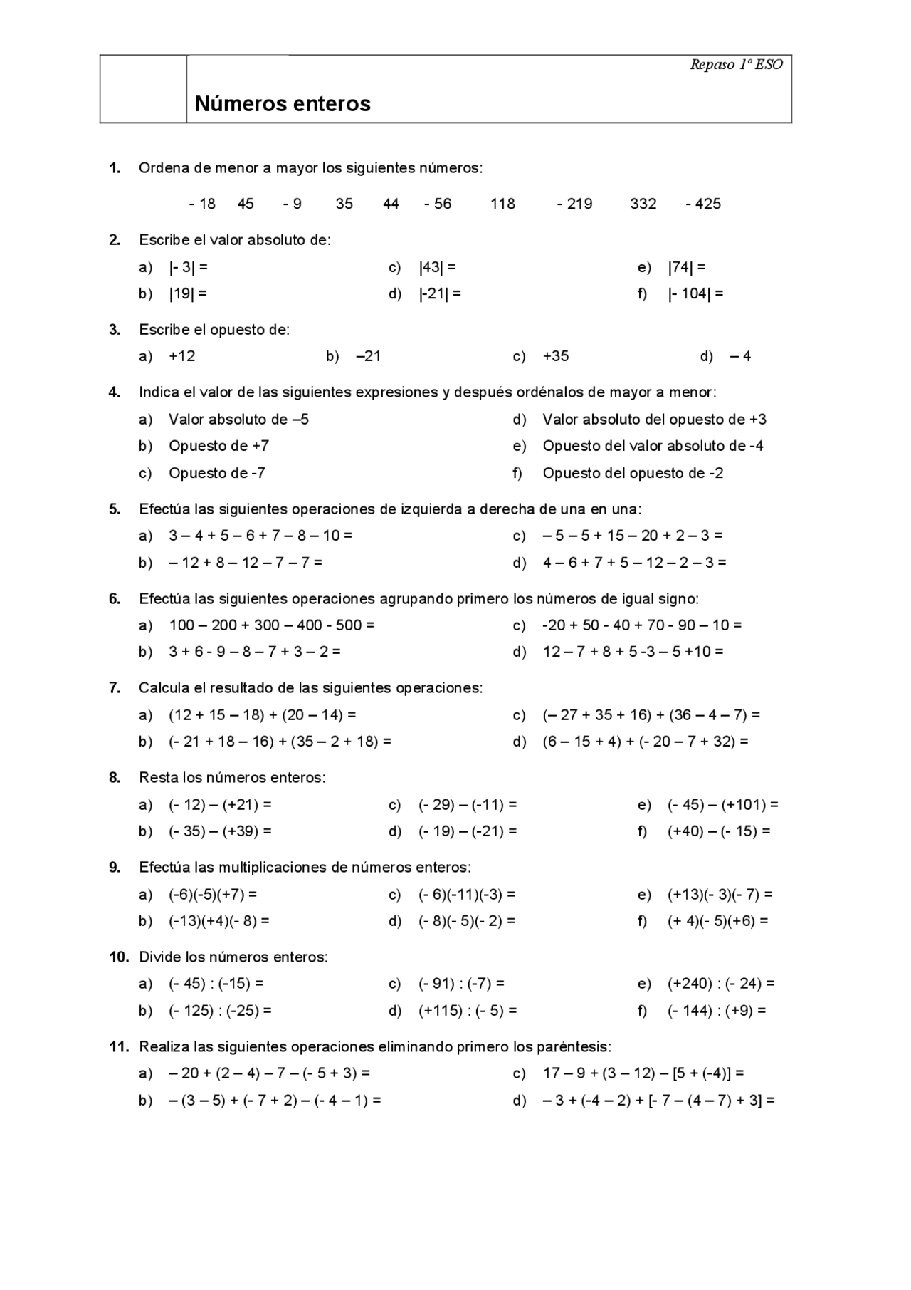 Repaso números enteros - Docsity