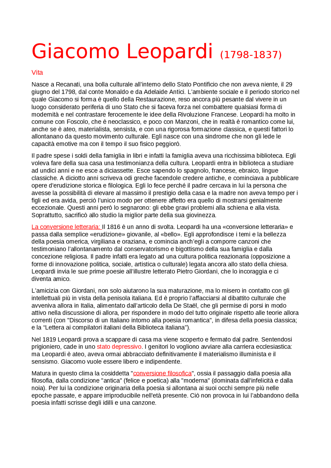Giacomo Leopardi appunti - Docsity