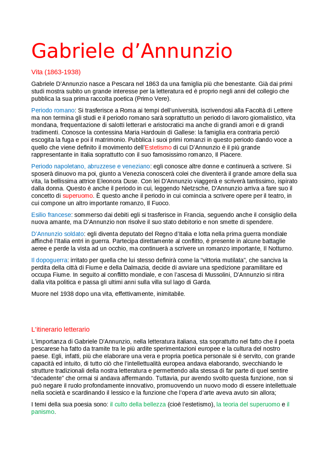 Gabriele Dannunzio Riassunto Docsity