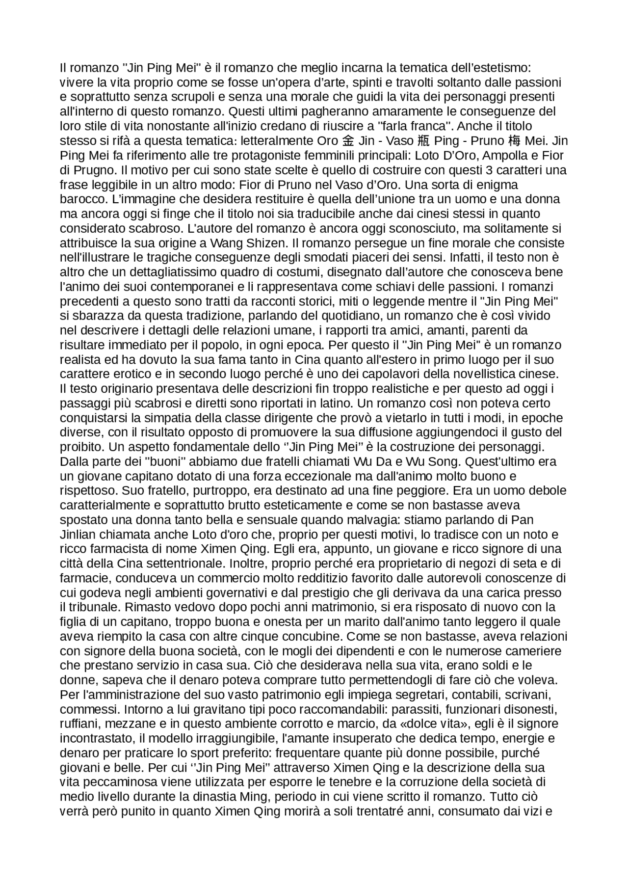 Jin Ping Mei Romanzo Classico Docsity