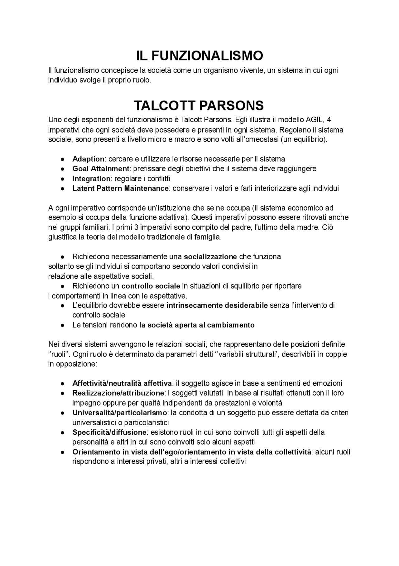 Sociologia Il Funzionalismo Talcott Parsons E Robert Merton Docsity