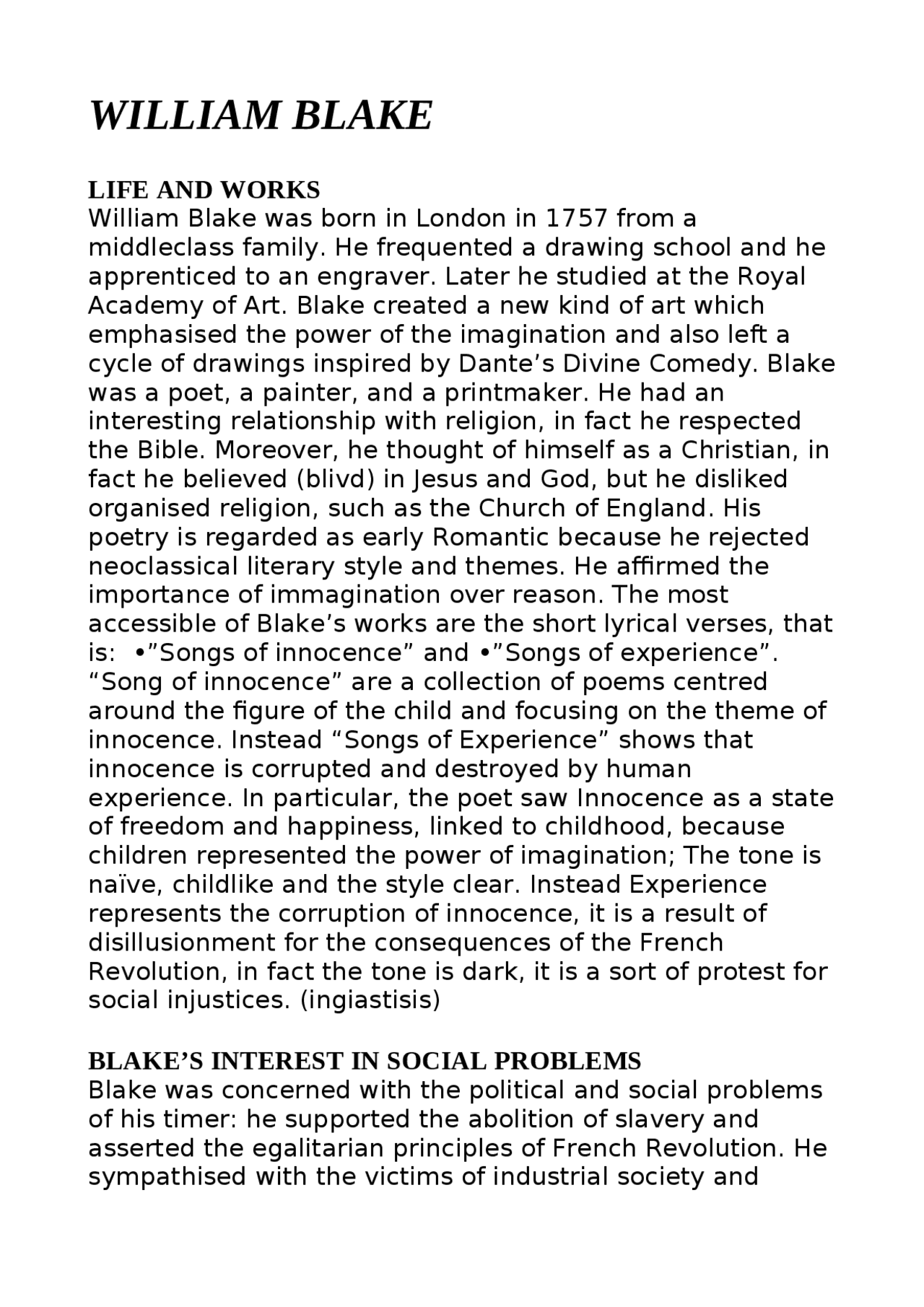 William Blake Il Poeta Inglese Appunti Di Inglese Docsity