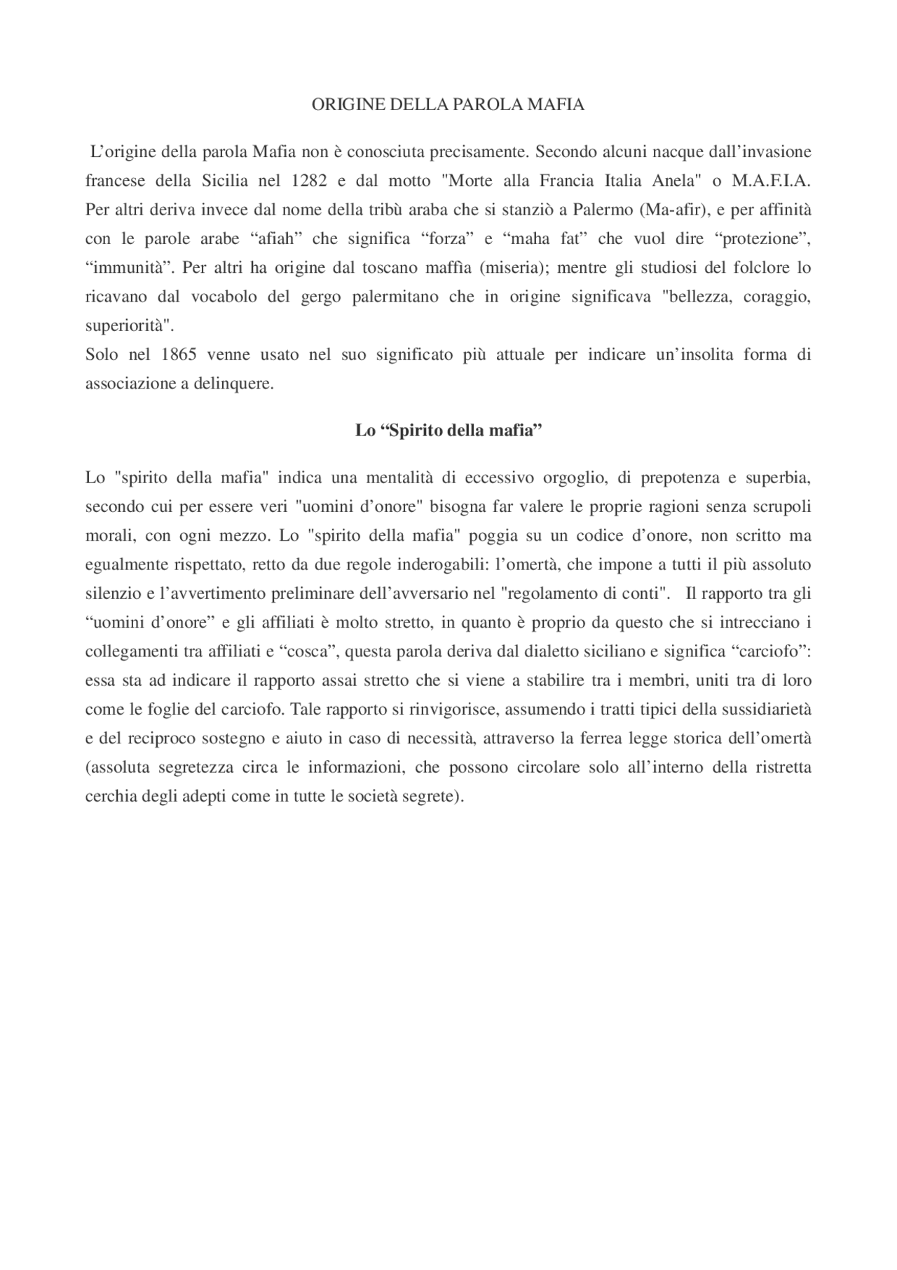 ORIGINE E STORIA DELLA MAFIA - Docsity