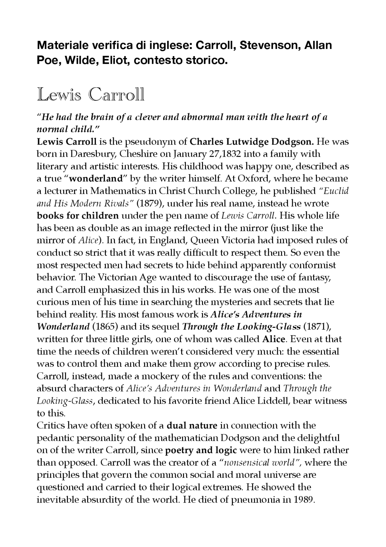 Carroll Stevenson Wilde Eliot Docsity