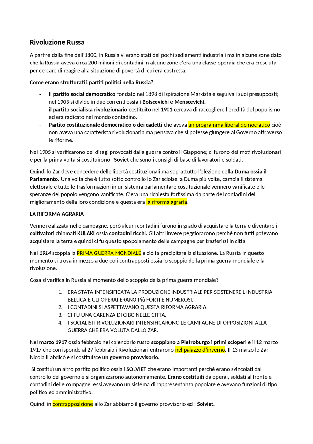 Appunti Di Storia Sulla Rivoluzione Russa Docsity