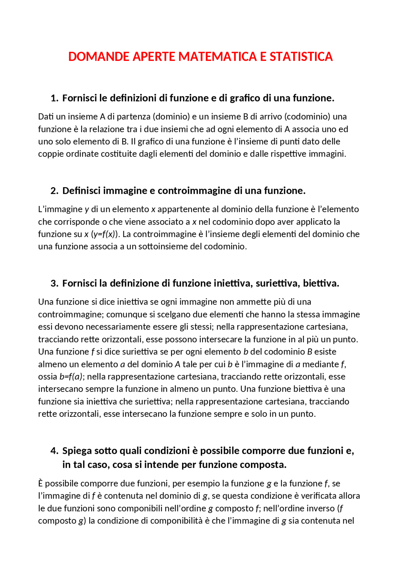 Paniere Di Matematica E Statistica Domande Aperte Prof Catania