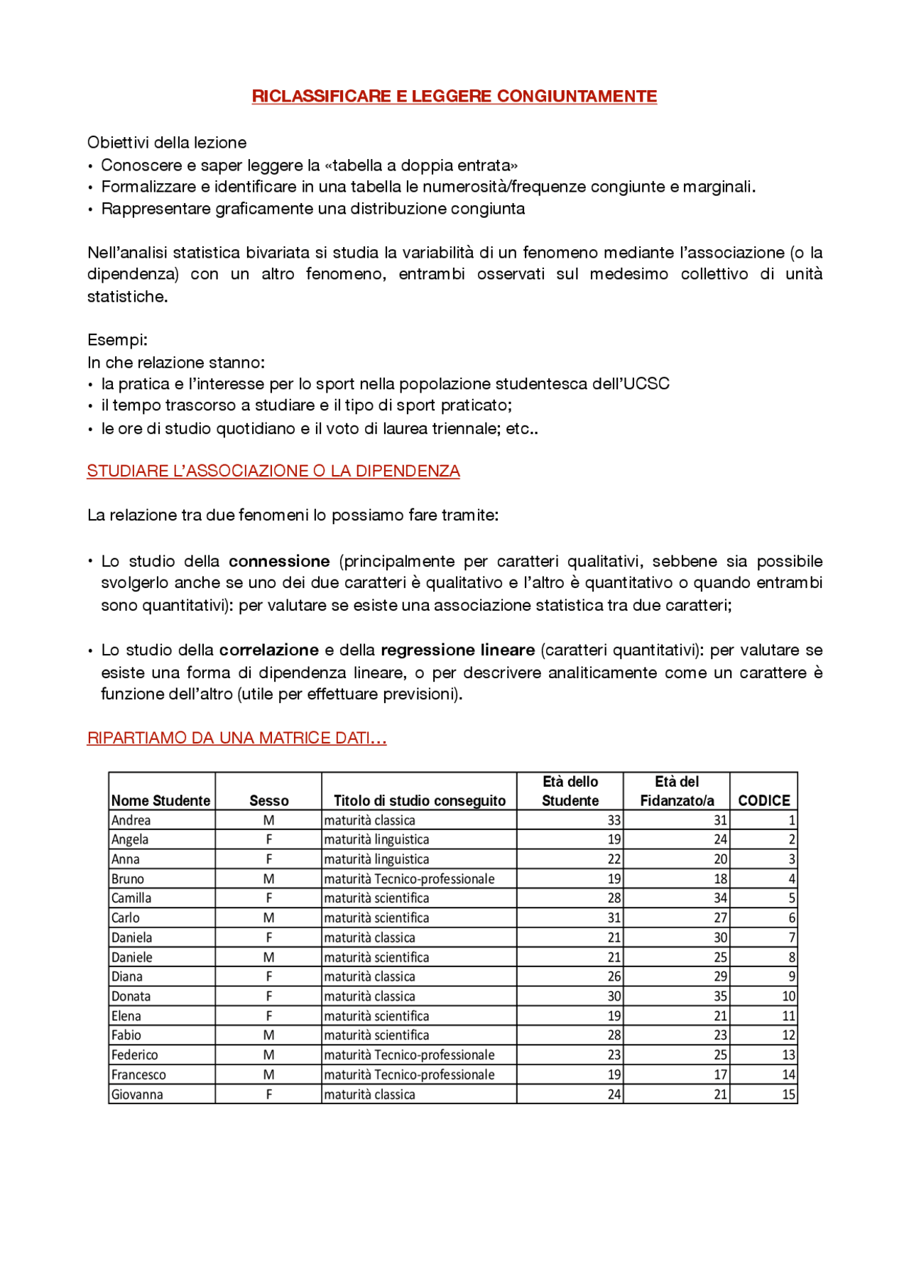 Statistica Bivariata Docsity