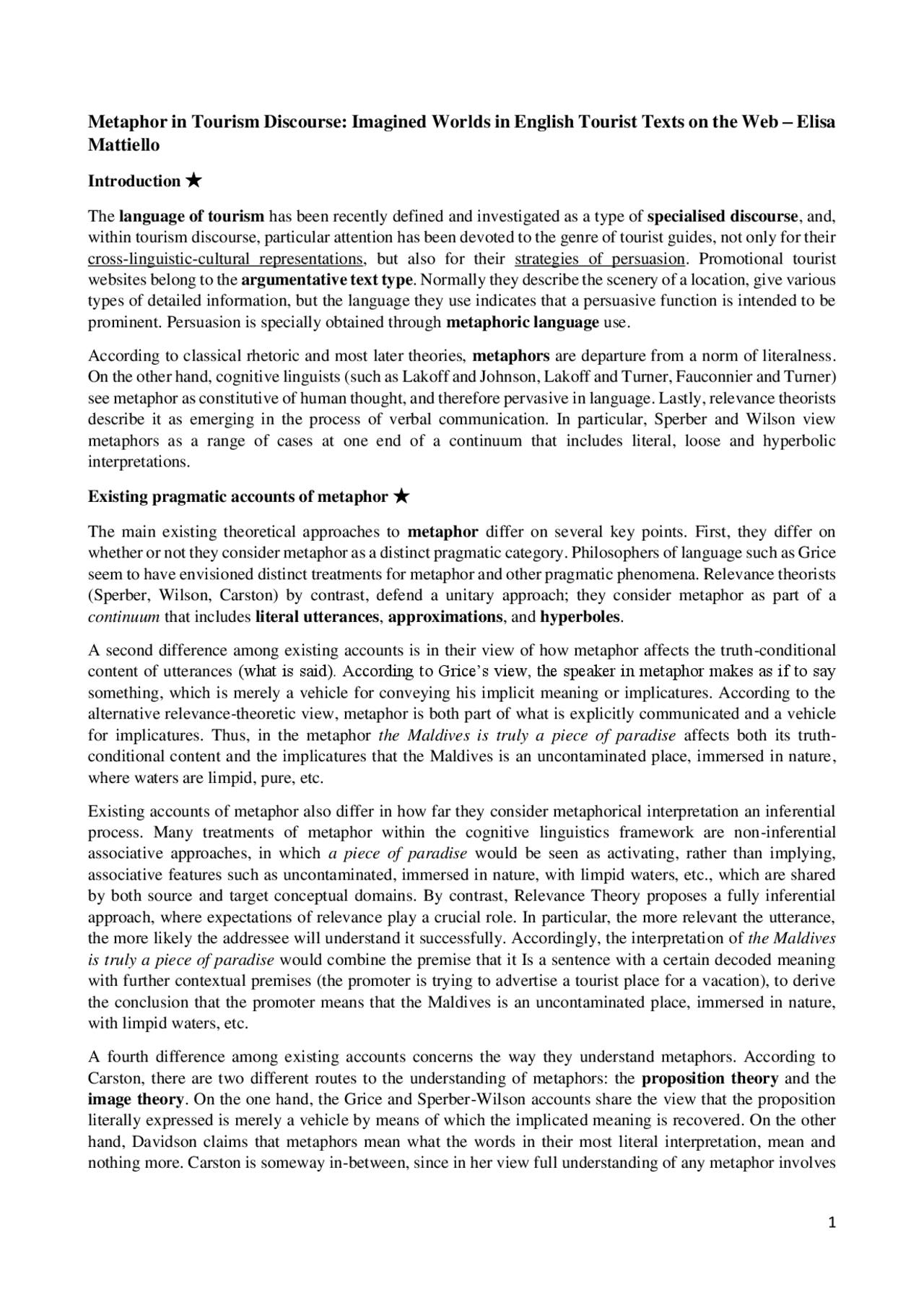 Sintesi Del Saggio Metaphor In Tourism Discourse Mattiello Docsity