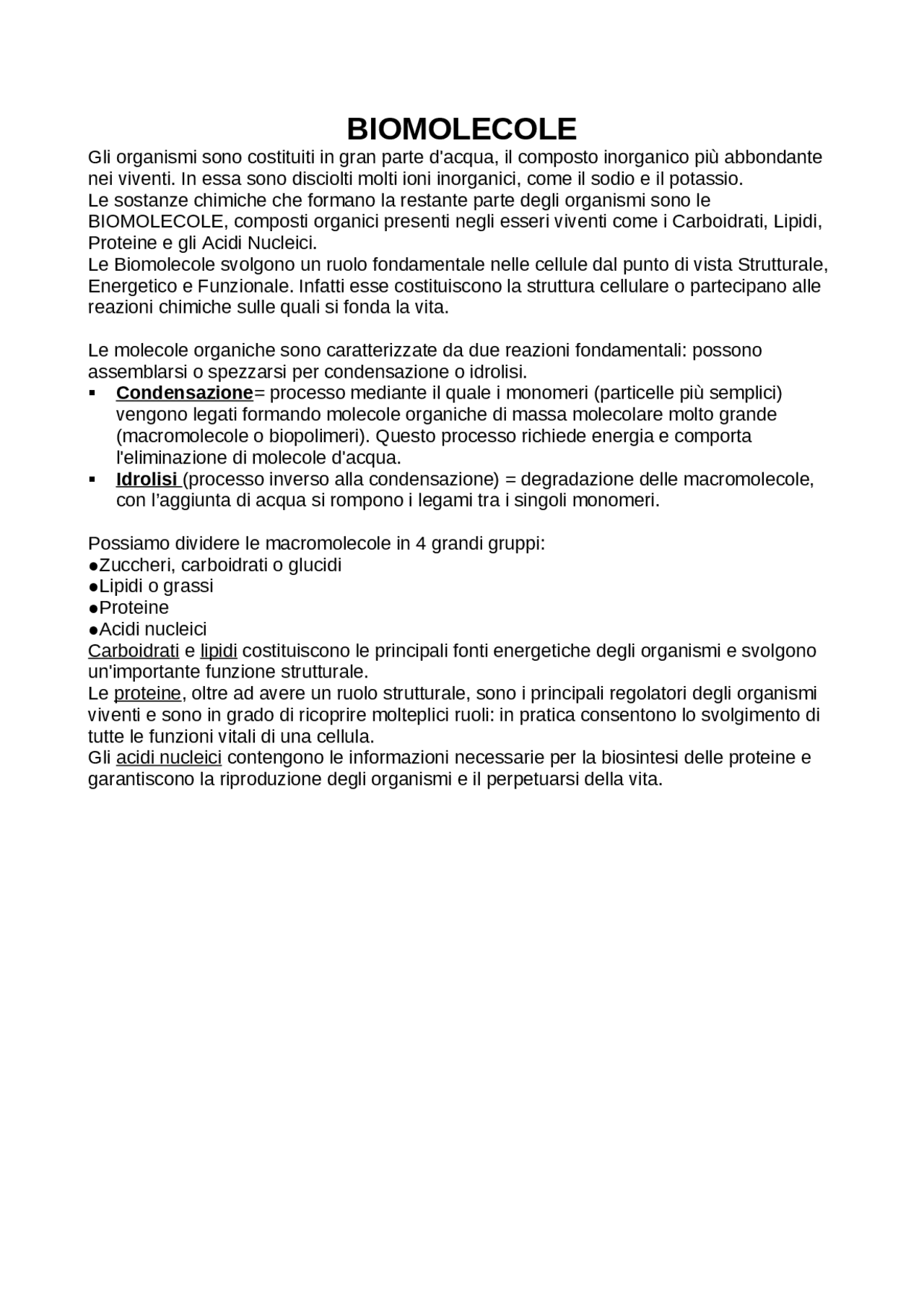 Biomolecole Introduzione Docsity