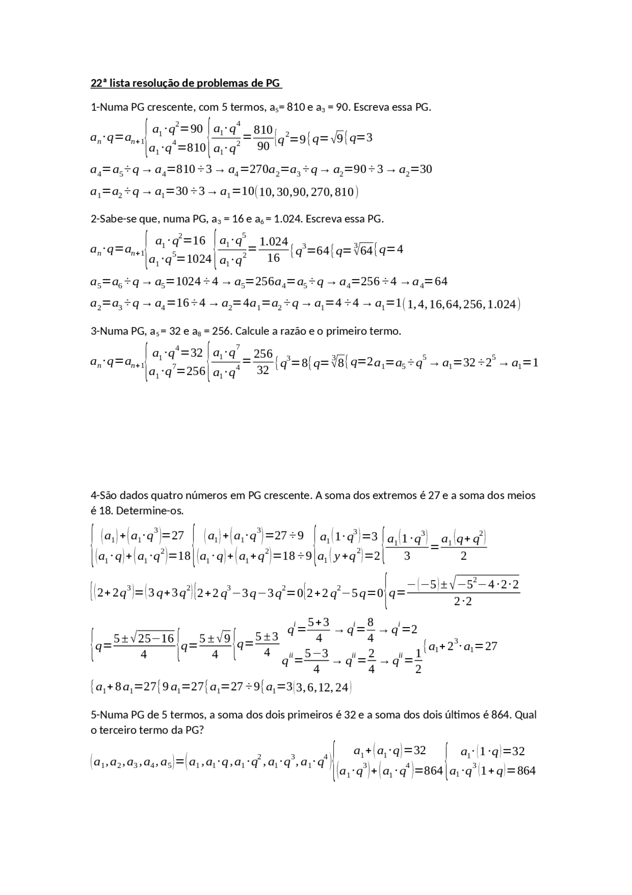 Lista Com Resoluções De Problemas De Pg Exercícios Matemática Docsity