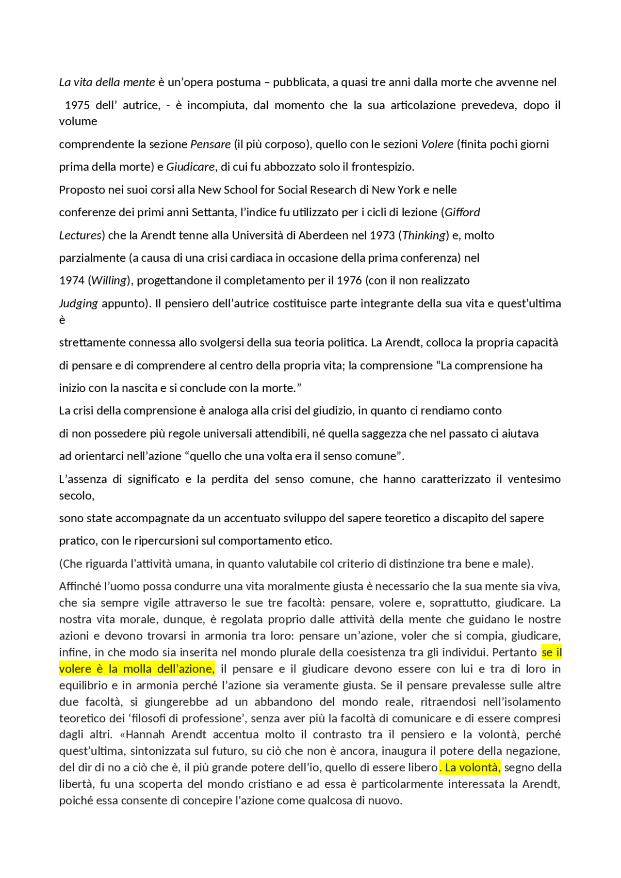 Sintesi La Vita Della Mente Hannah Arendt Docsity
