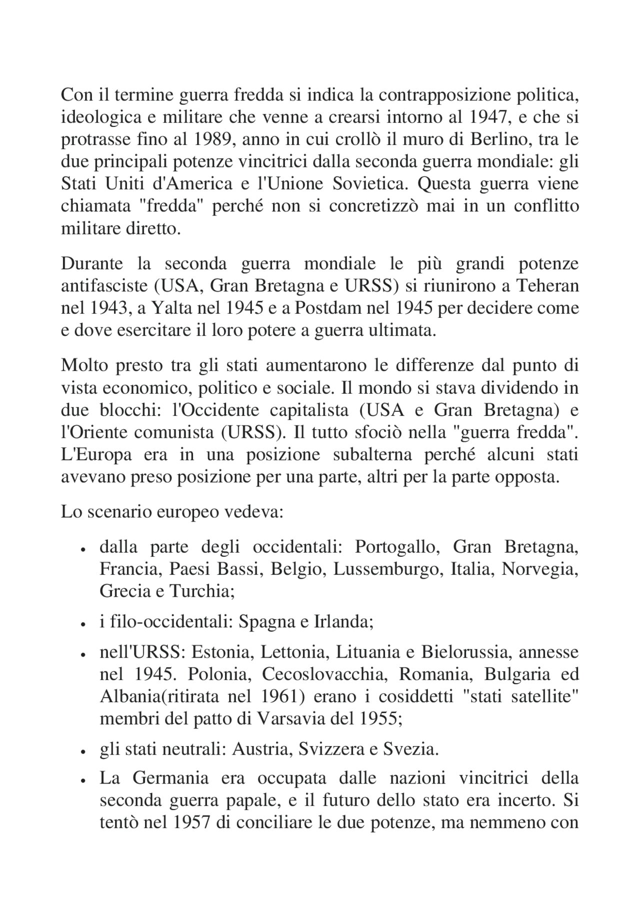 La Guerra Fredda Riassunto Dei Principali Eventi Docsity