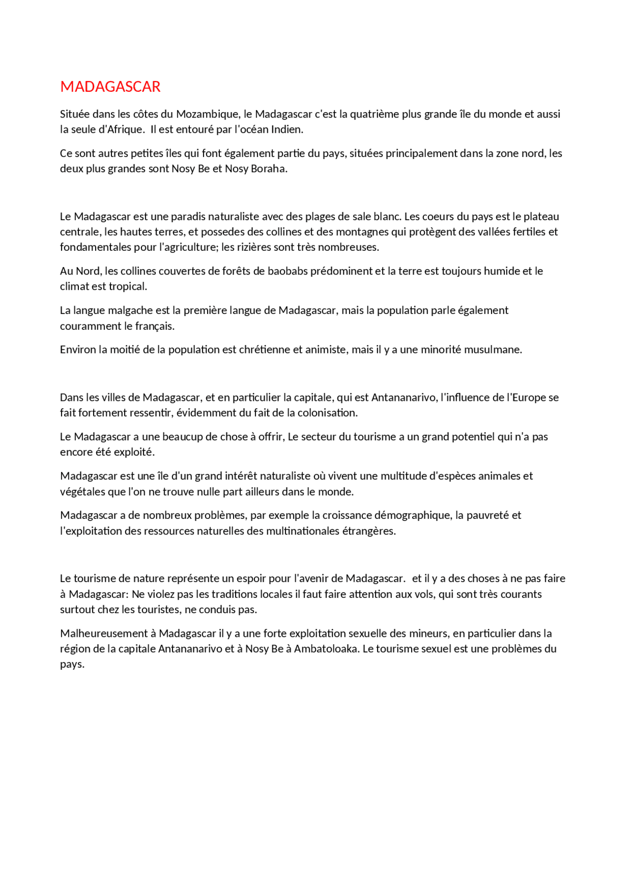 Madagascar in francese | Study notes of French | Docsity