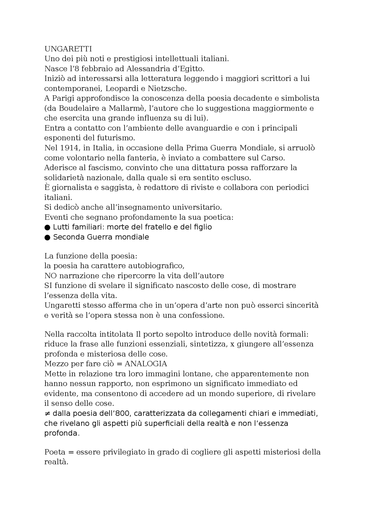 Giuseppe Ungaretti Appunti Di Letteratura Docsity