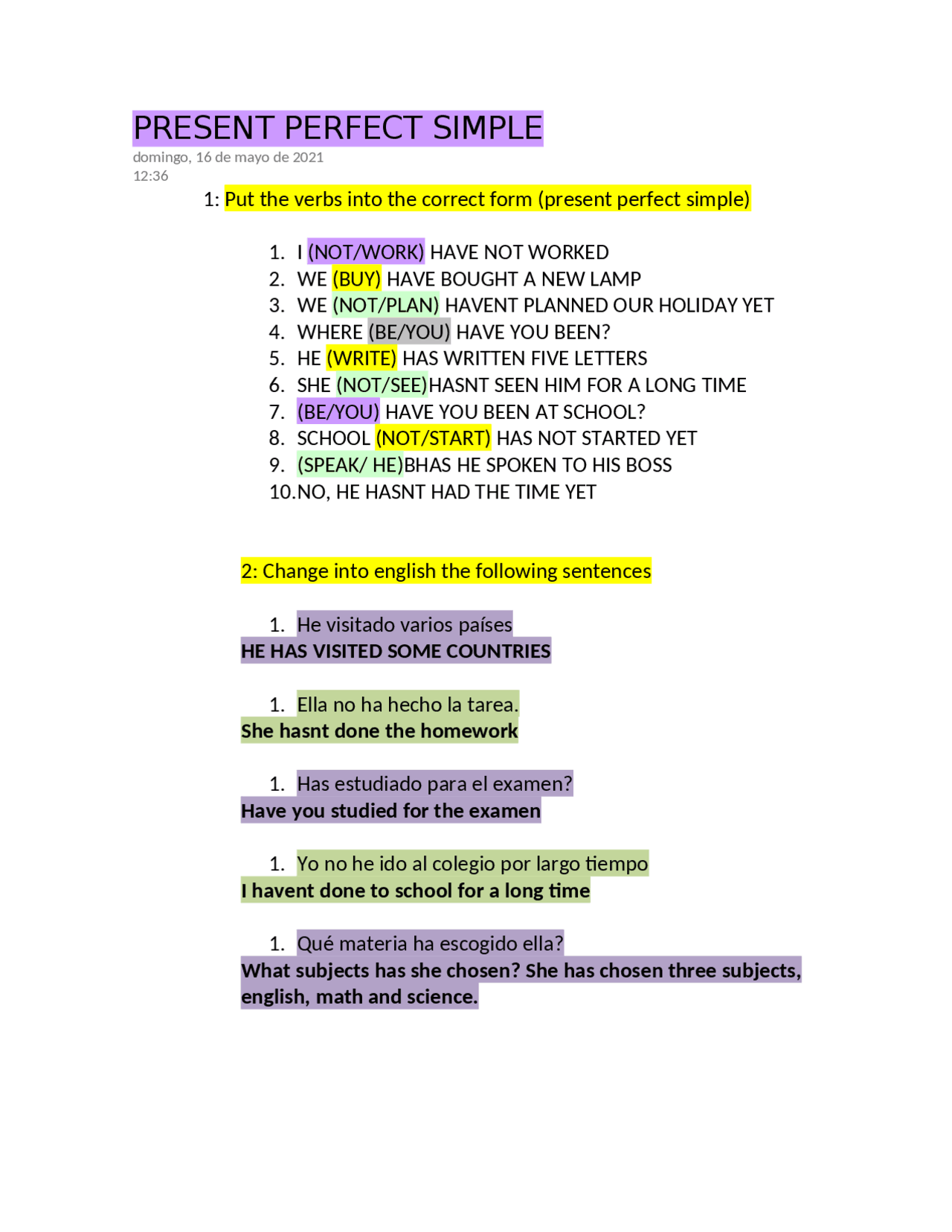 ingles present perfect apuntos | Apuntes de Inglés | Docsity