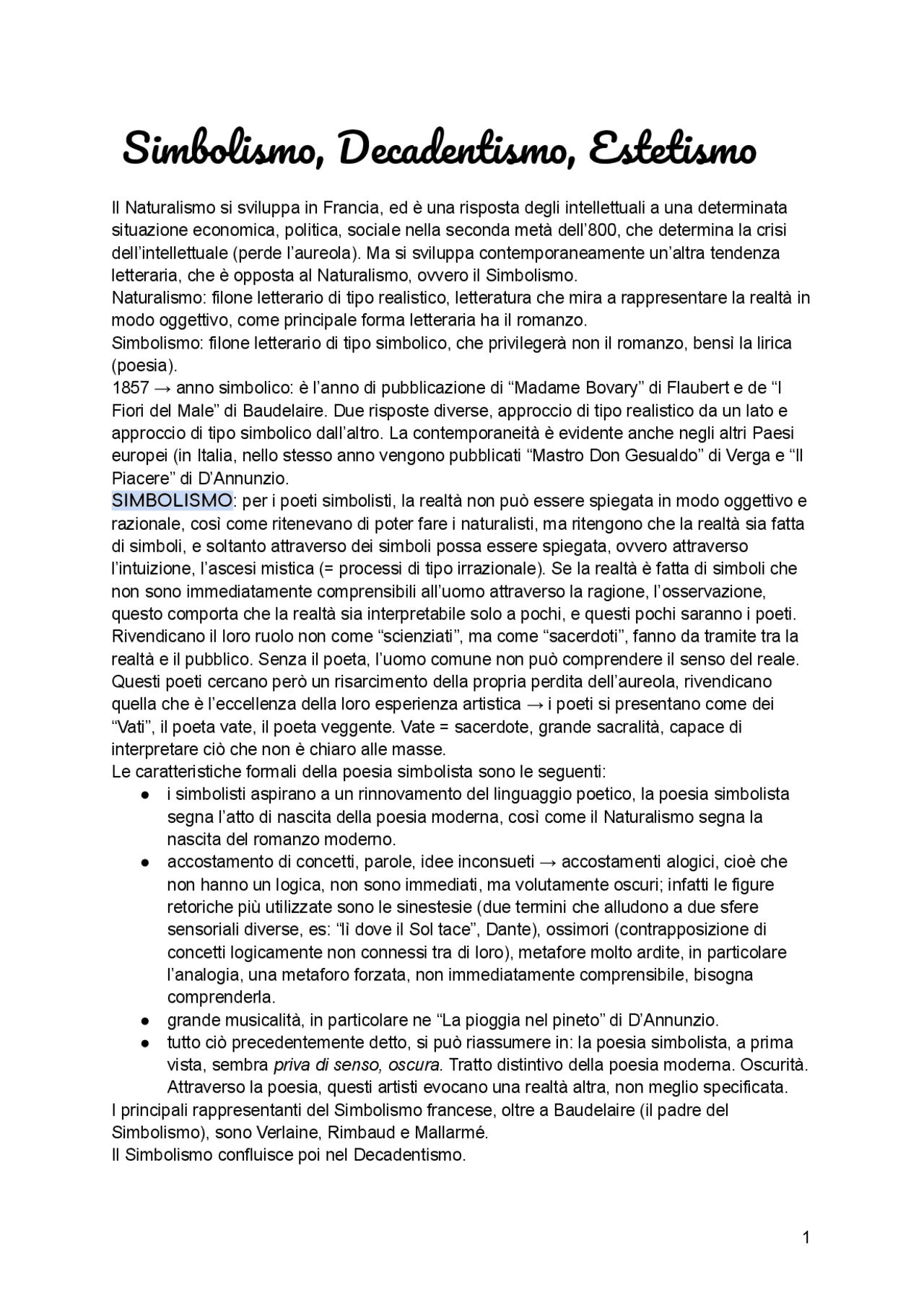 Simbolismo Decadentismo Estetismo Docsity