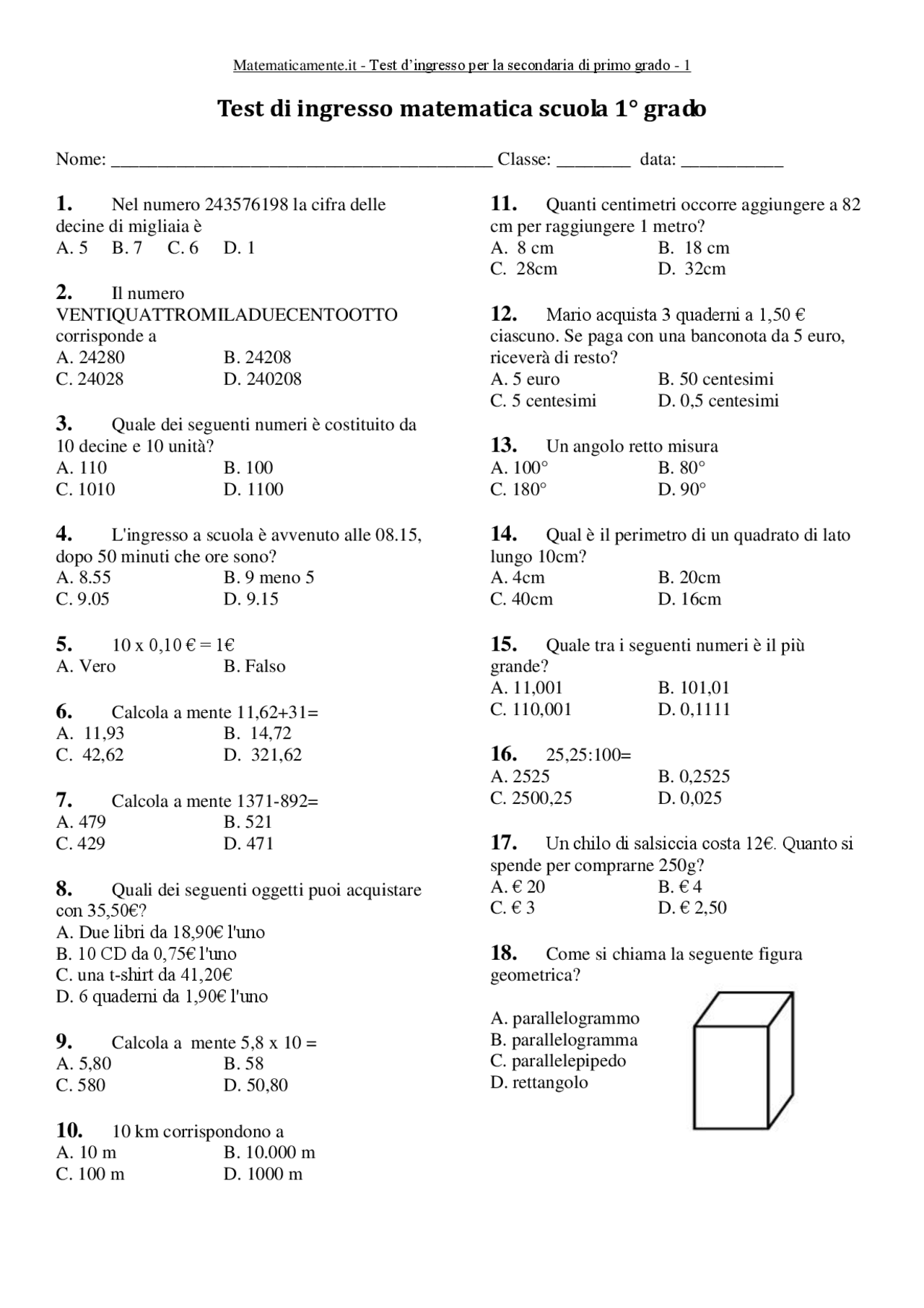 Esercizi E Test Di Matematica Esercizi Di Matematica Docsity