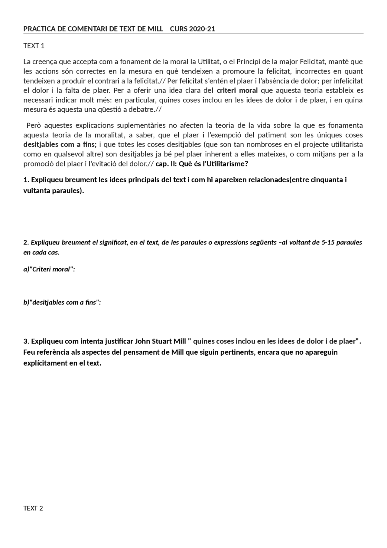 COMENTARI DE TEXT MILL | Exámenes de Historia de la Filosofía | Docsity