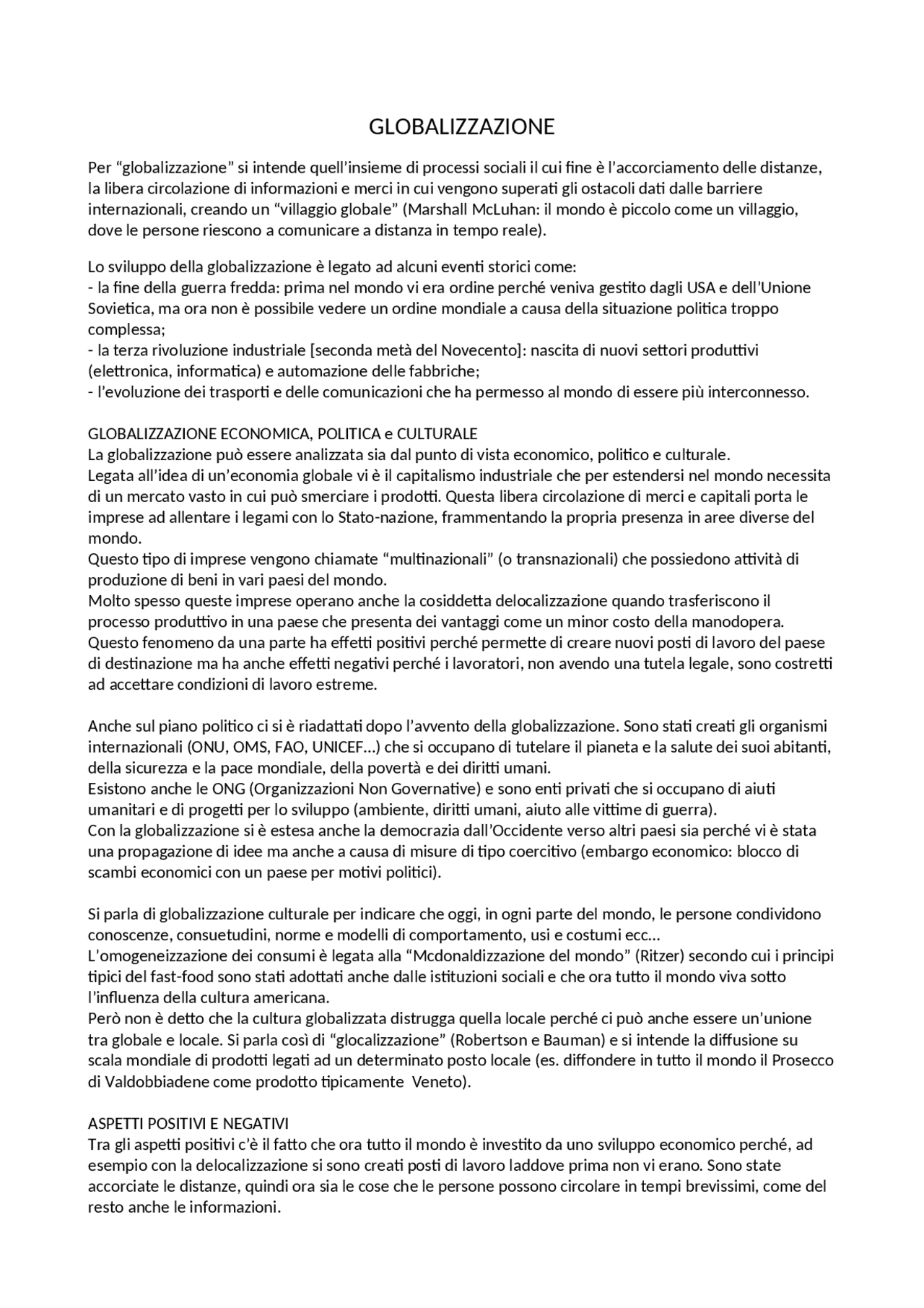 Globalizzazione E Multiculturalismo Appunti Di Sociologia Docsity