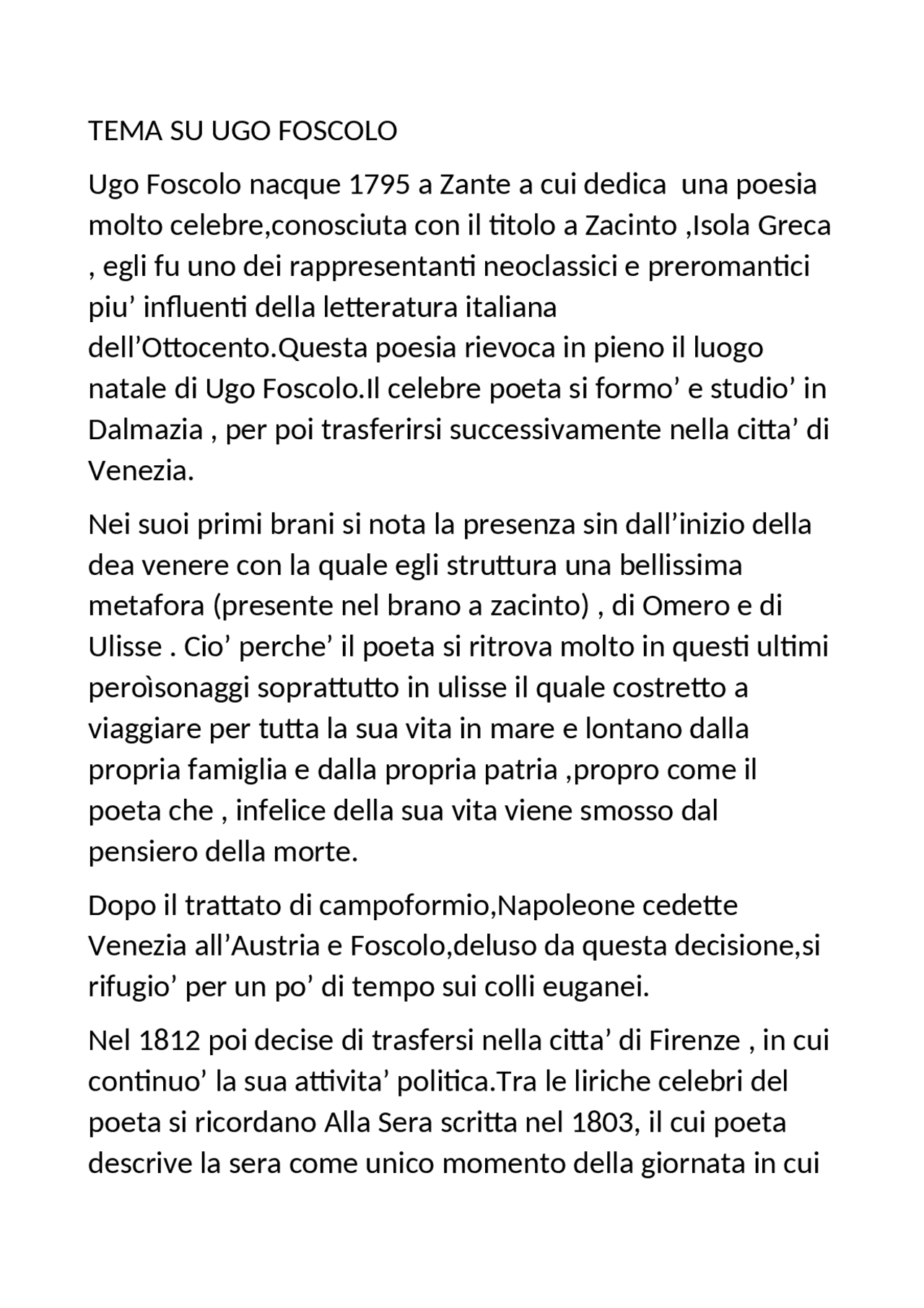 Tema Su Ugo Foscolo Italiano E Letteratura Classica Appunti Di