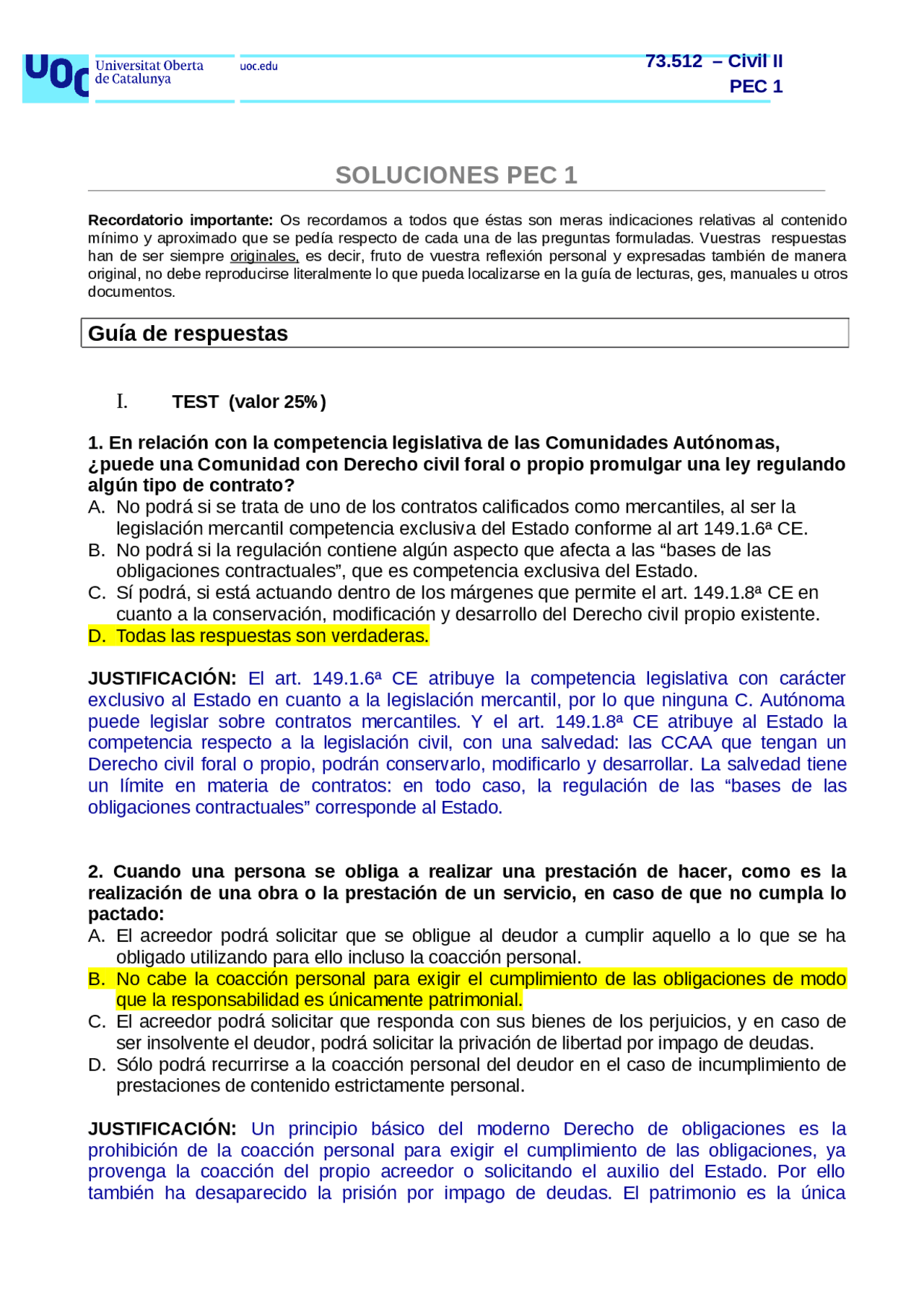 Soluciones Pec 1 Respuestas 2018 Ejercicios De Derecho Civil Docsity