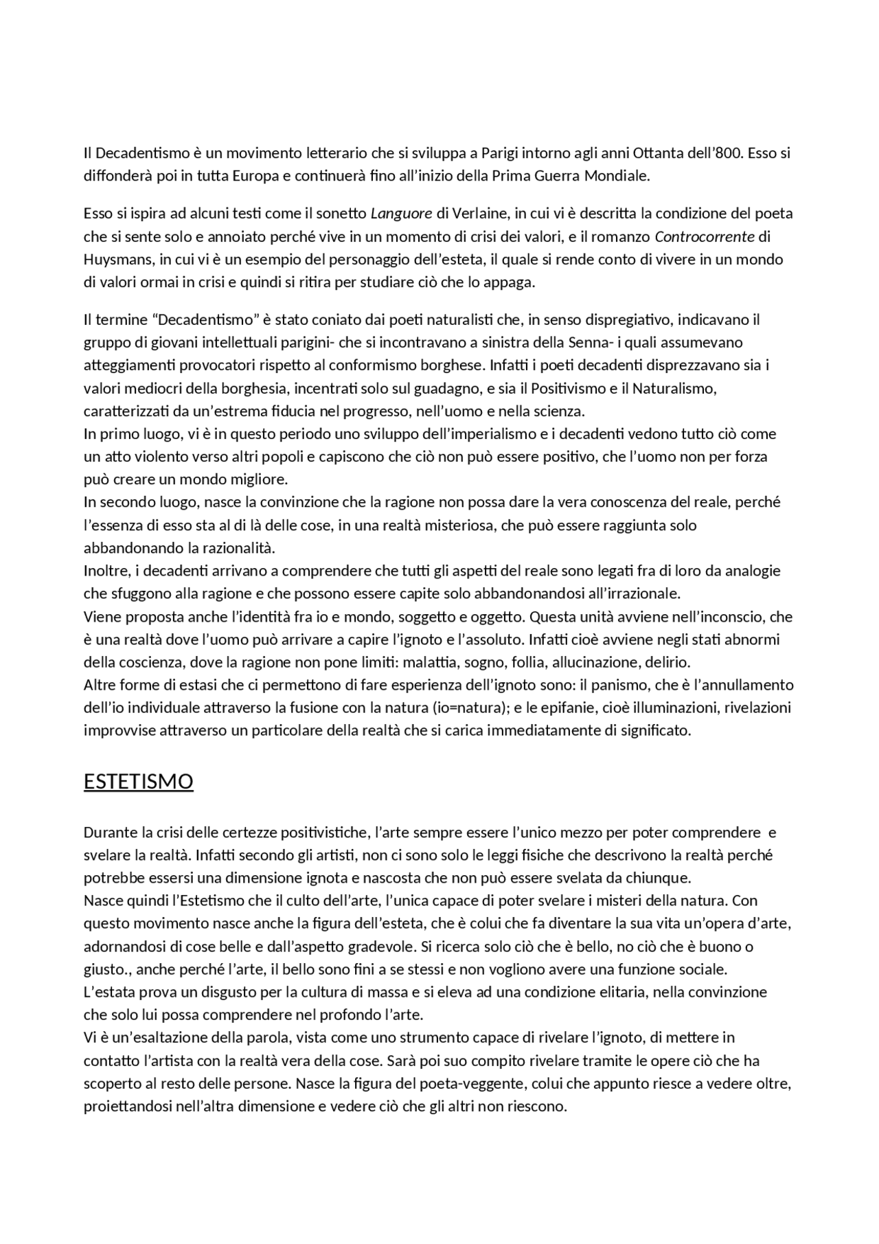 Il Decadentismo E Simbolismo Docsity