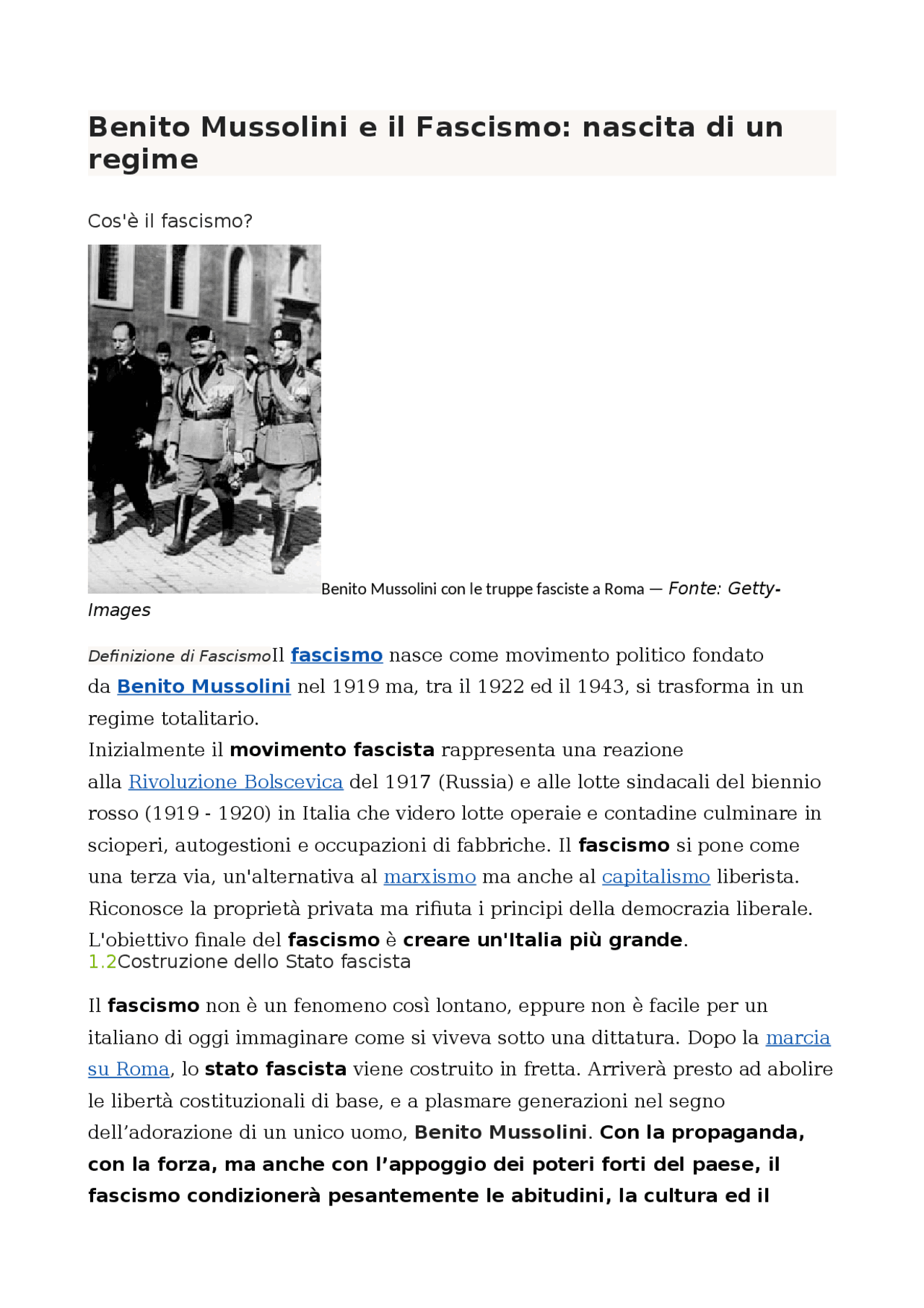 Benito Mussolini ed il Fascismo - Docsity