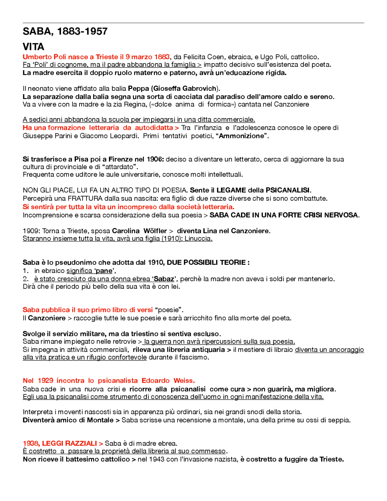 Appunti Su Saba E Poesie Docsity