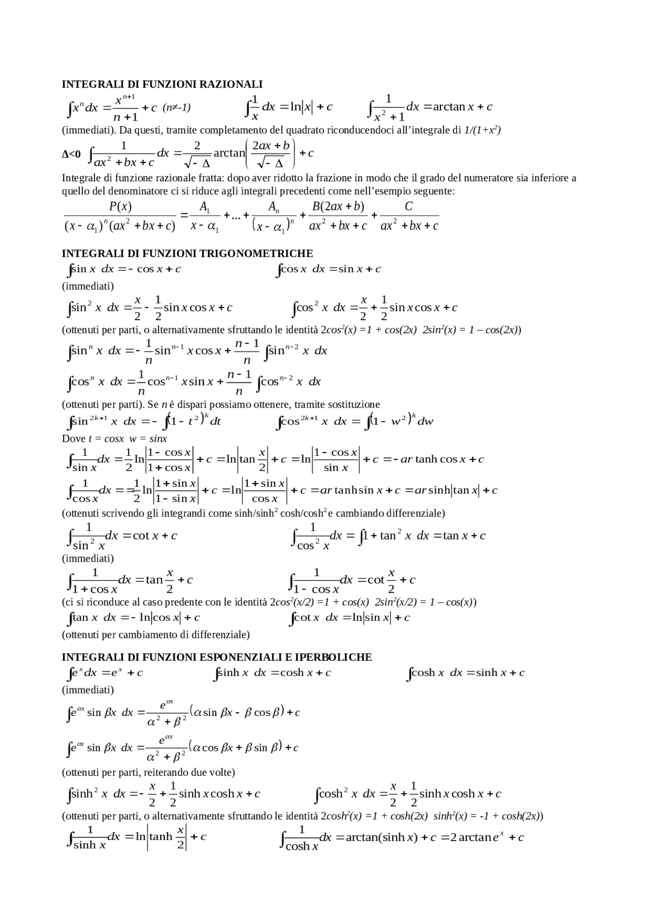 Tavola di integrali notevoli e metodi per integrazione - Docsity