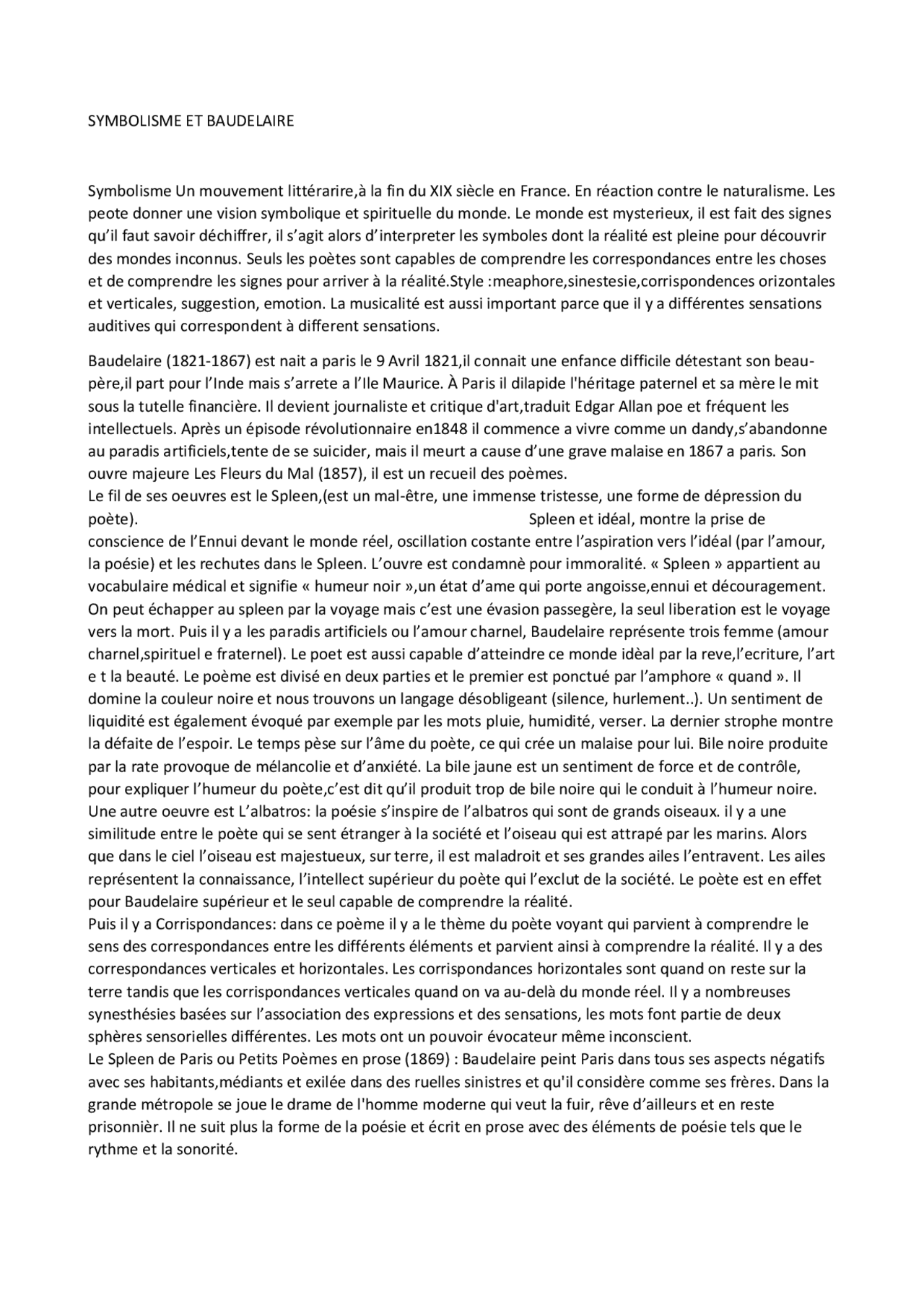 Symbolisme Et Baudelaire Docsity