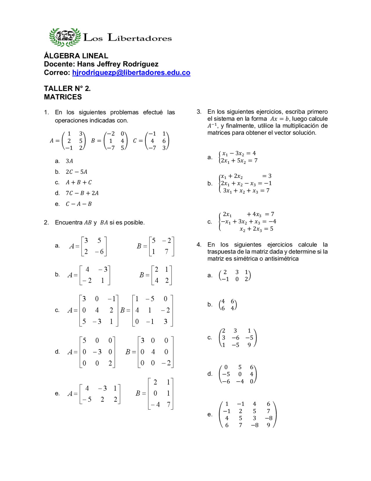 Taller De Matrices Algebra Lineal Ejercicios De Álgebra Lineal Docsity