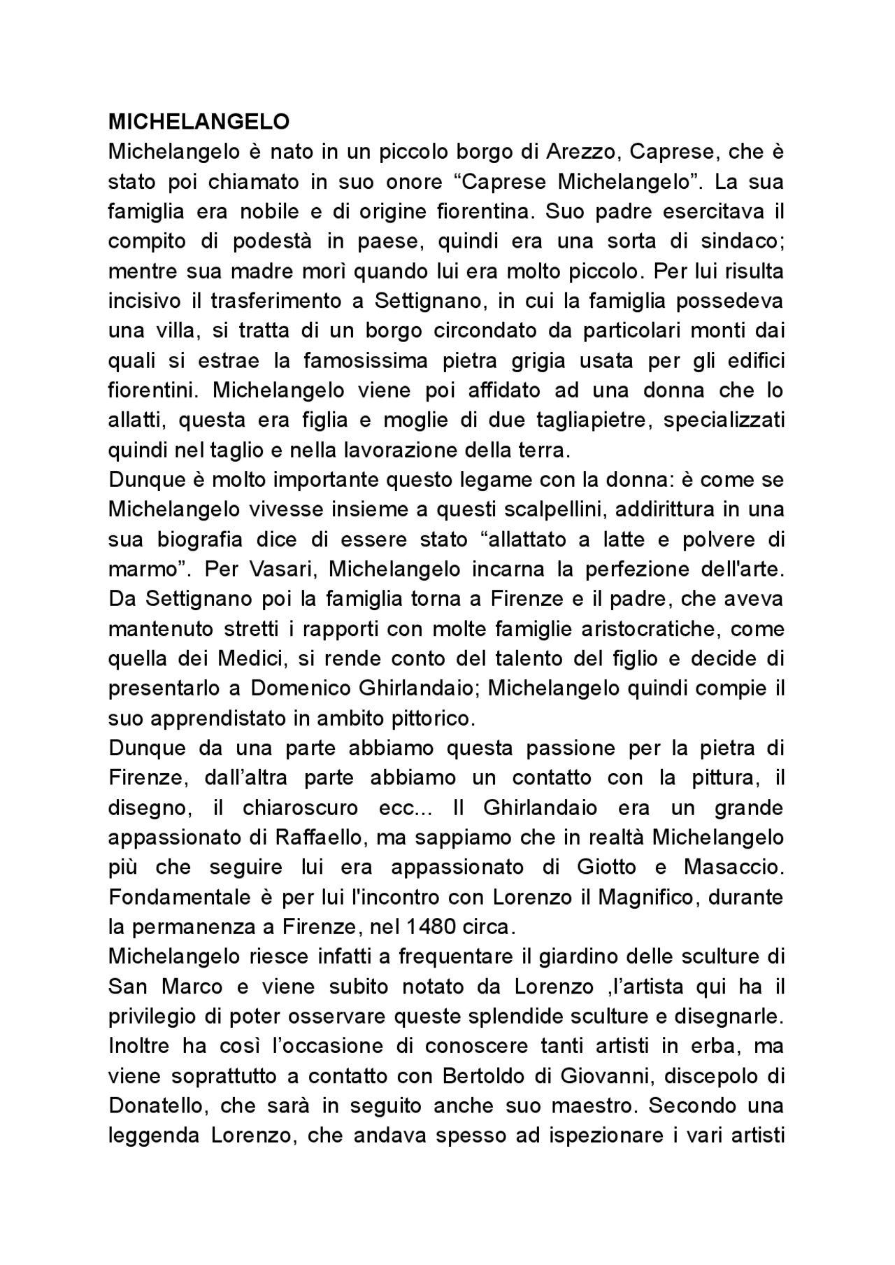 Michelangelo vita e la sua tecnica (il non finito) - Docsity