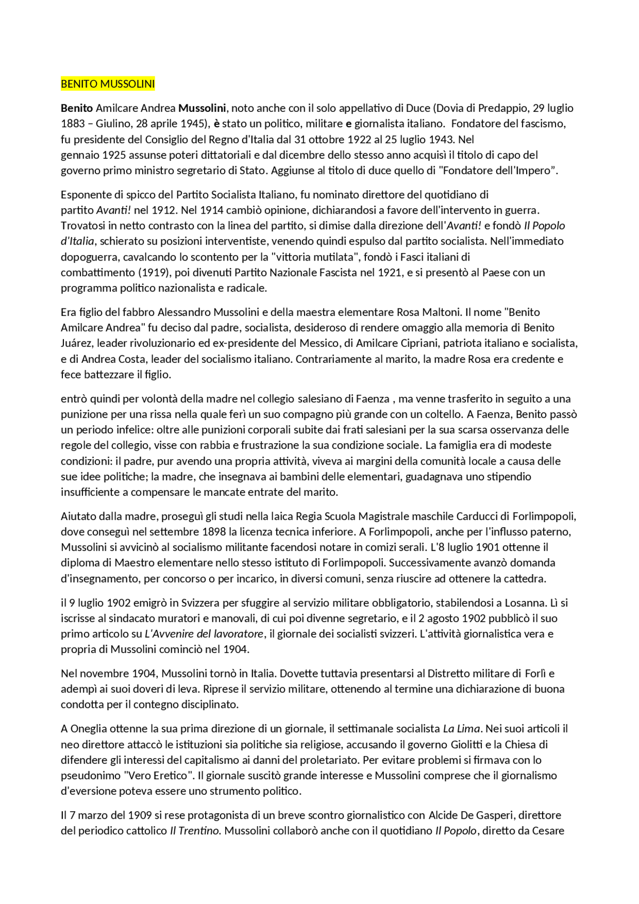 Benito Mussolini Appunti Docsity