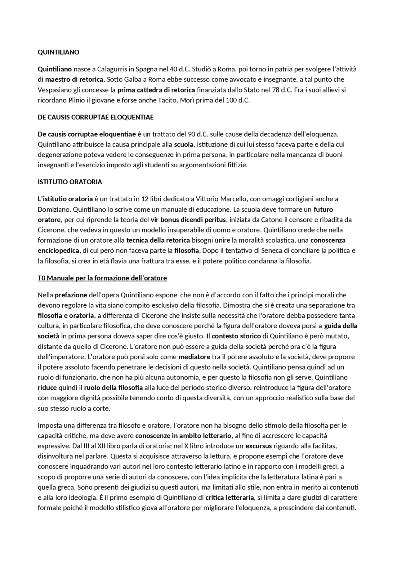 Appunti Su Quintiliano E Le Sue Opere Appunti Di Latino Docsity