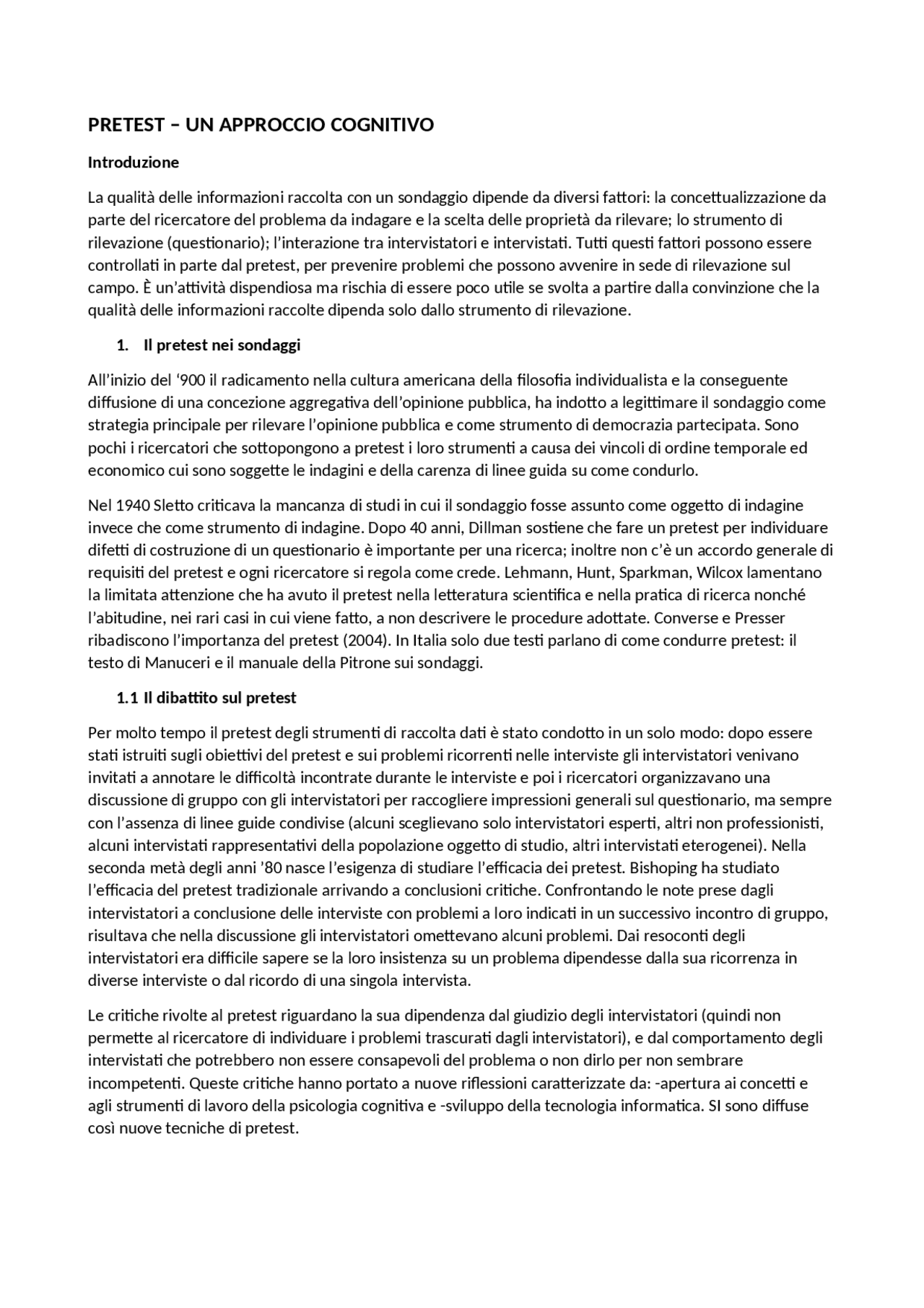 Pretest Sondaggi E Interviste Docsity