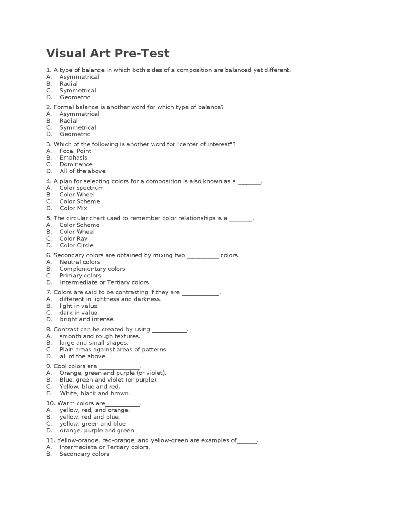 Pretest Grade 9 Visual Arts - Docsity