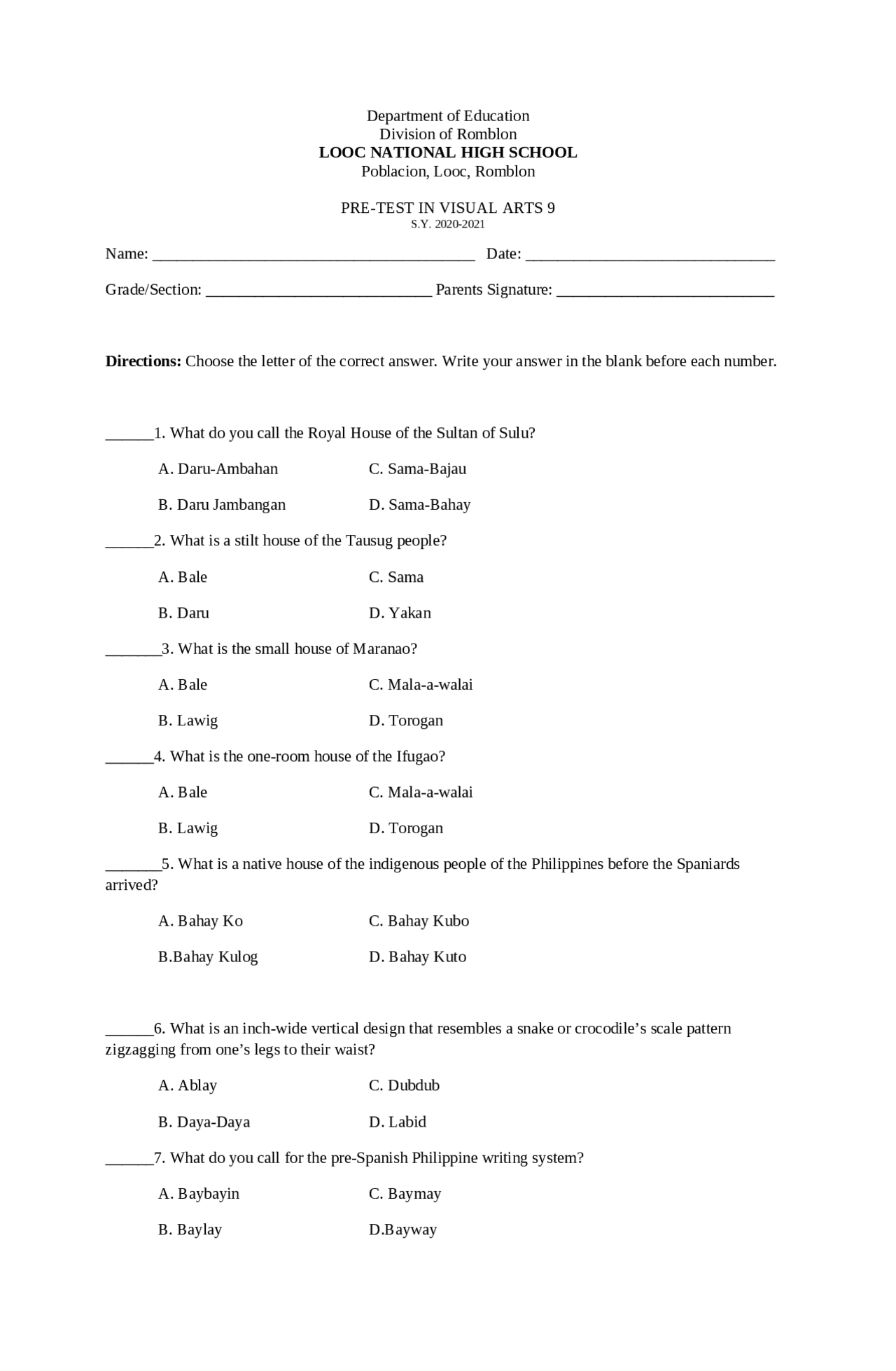 Pretest Visual Arts Exams - Docsity