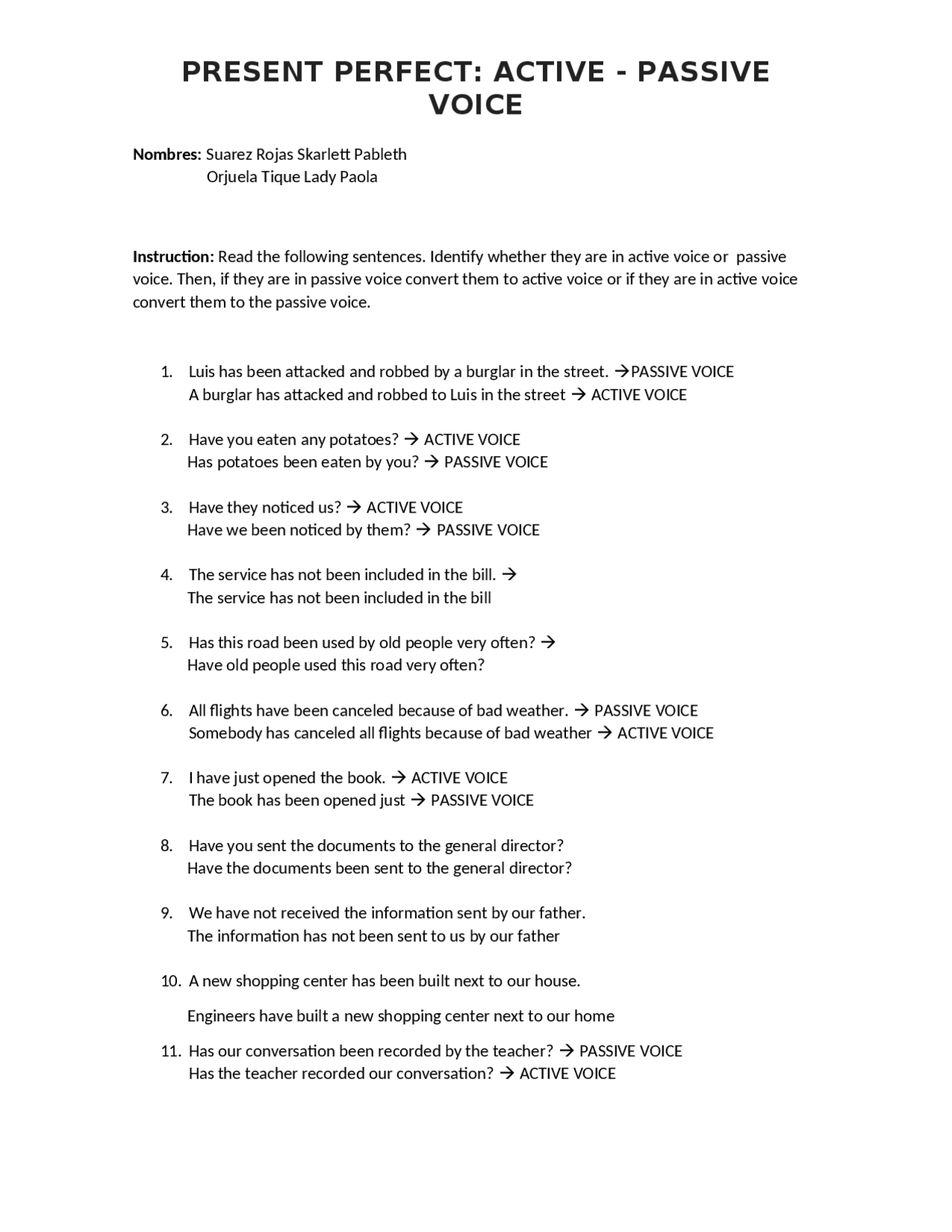 ACTIVE VOICE Exercises - Docsity