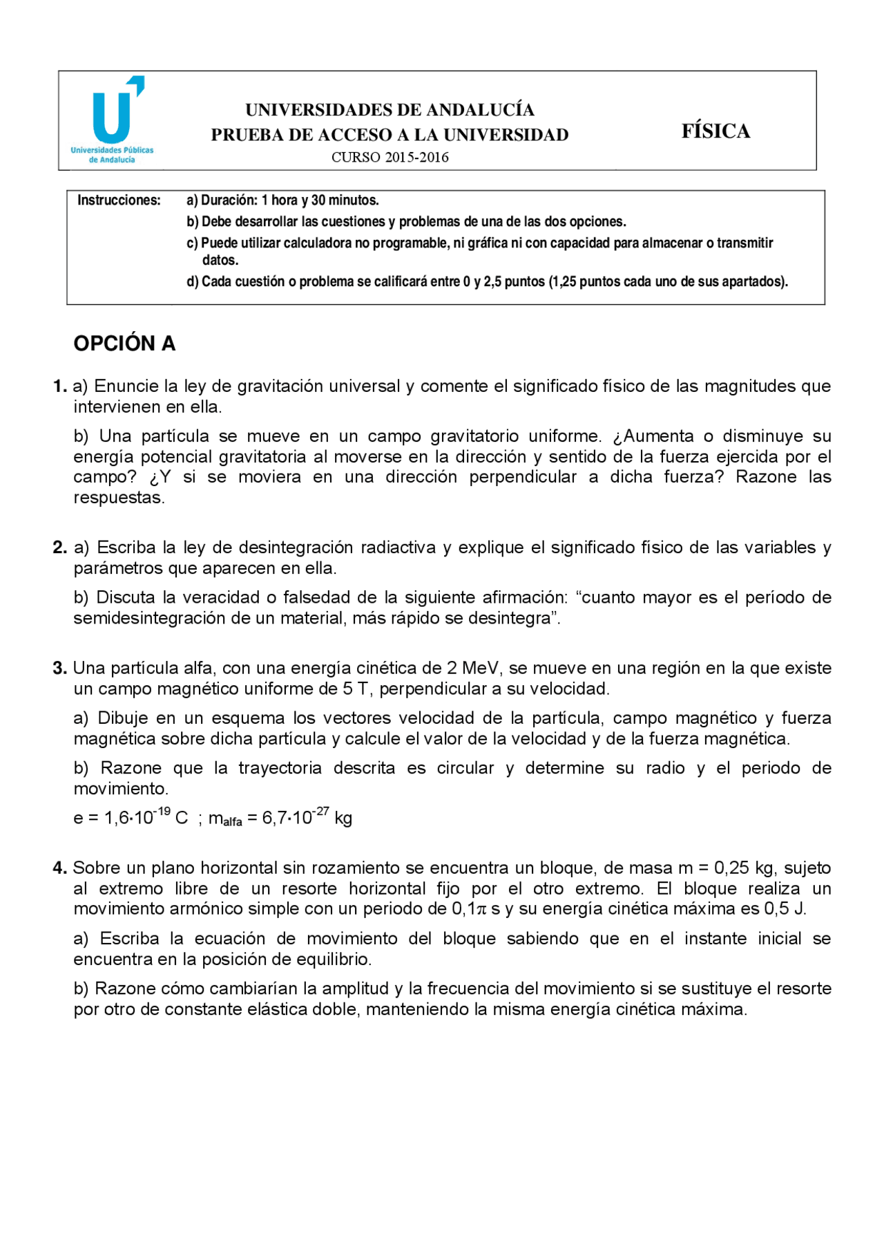 Física Examenes Selectividad Andalucía 2020 Docsity