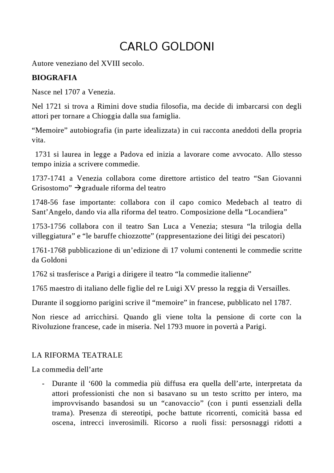 Goldoni E La Locandiera Docsity